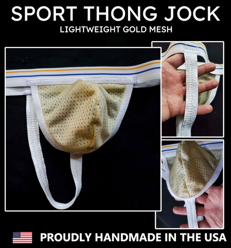 Mens Mesh Sport Thong Jock, White Waistband With Yellow and Blue ...