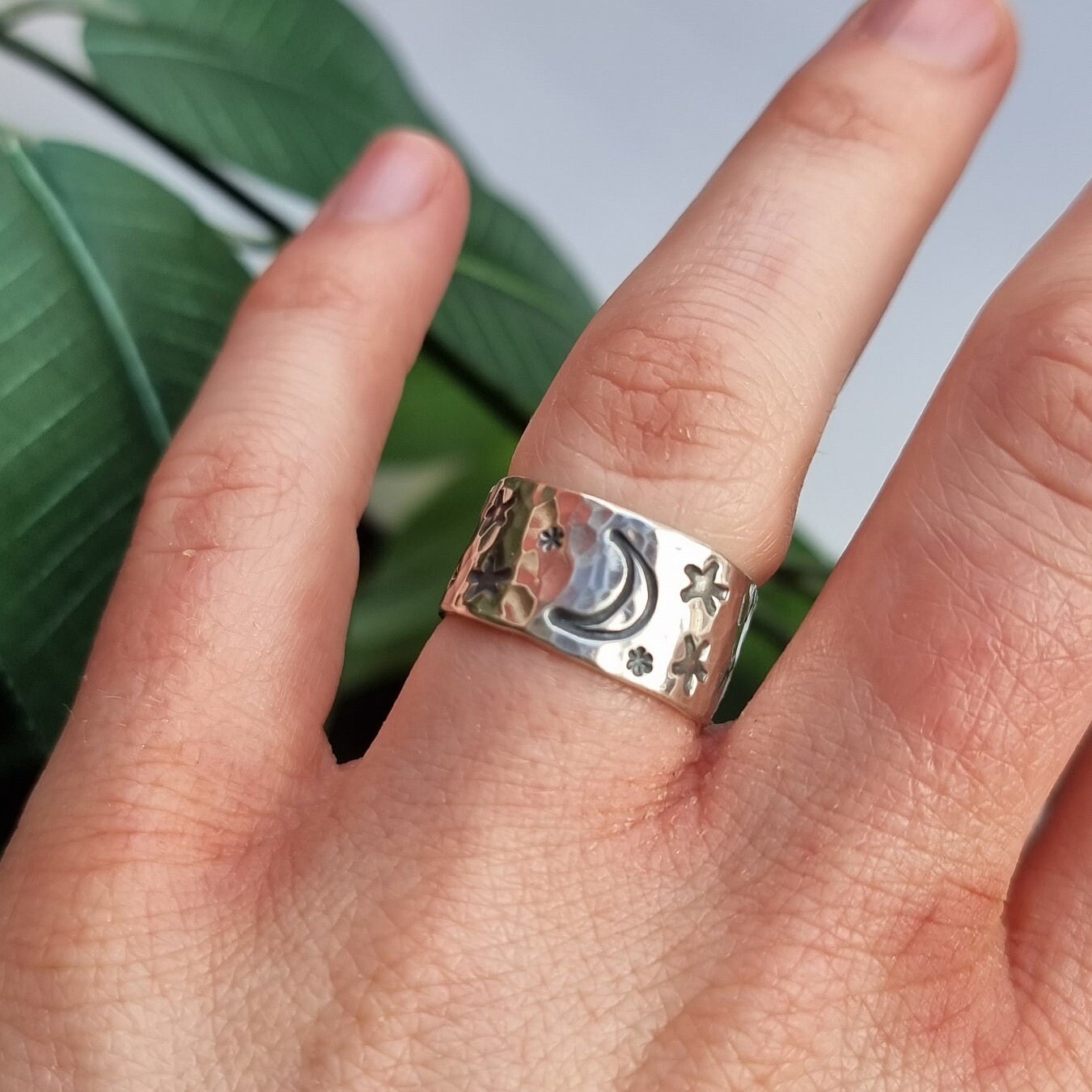 Celestial Moon and Stars Thick Band Ring 100% Recycled Sterling Silver ...