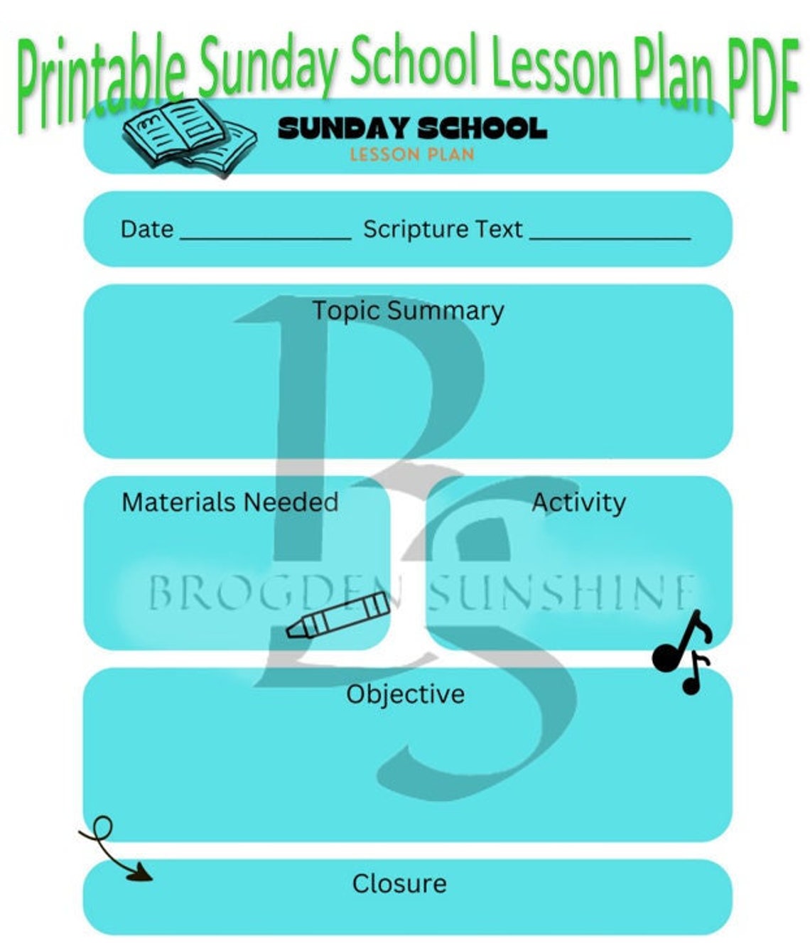 Sunday School Lesson Plan Activity Supplies Organization Printable Blue ...