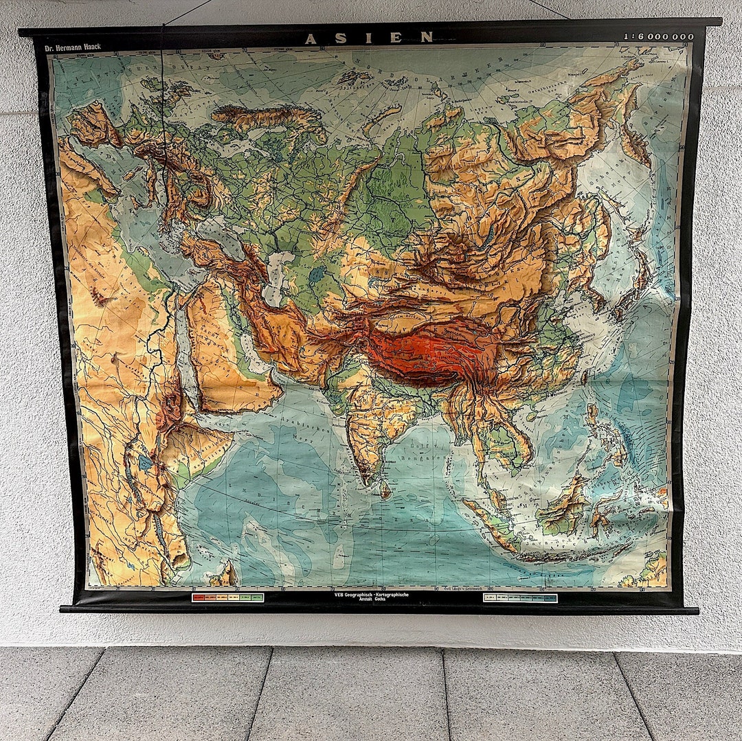 Vintage School Wall Map. Asia . Dr. Hermann Haack . German Language ...