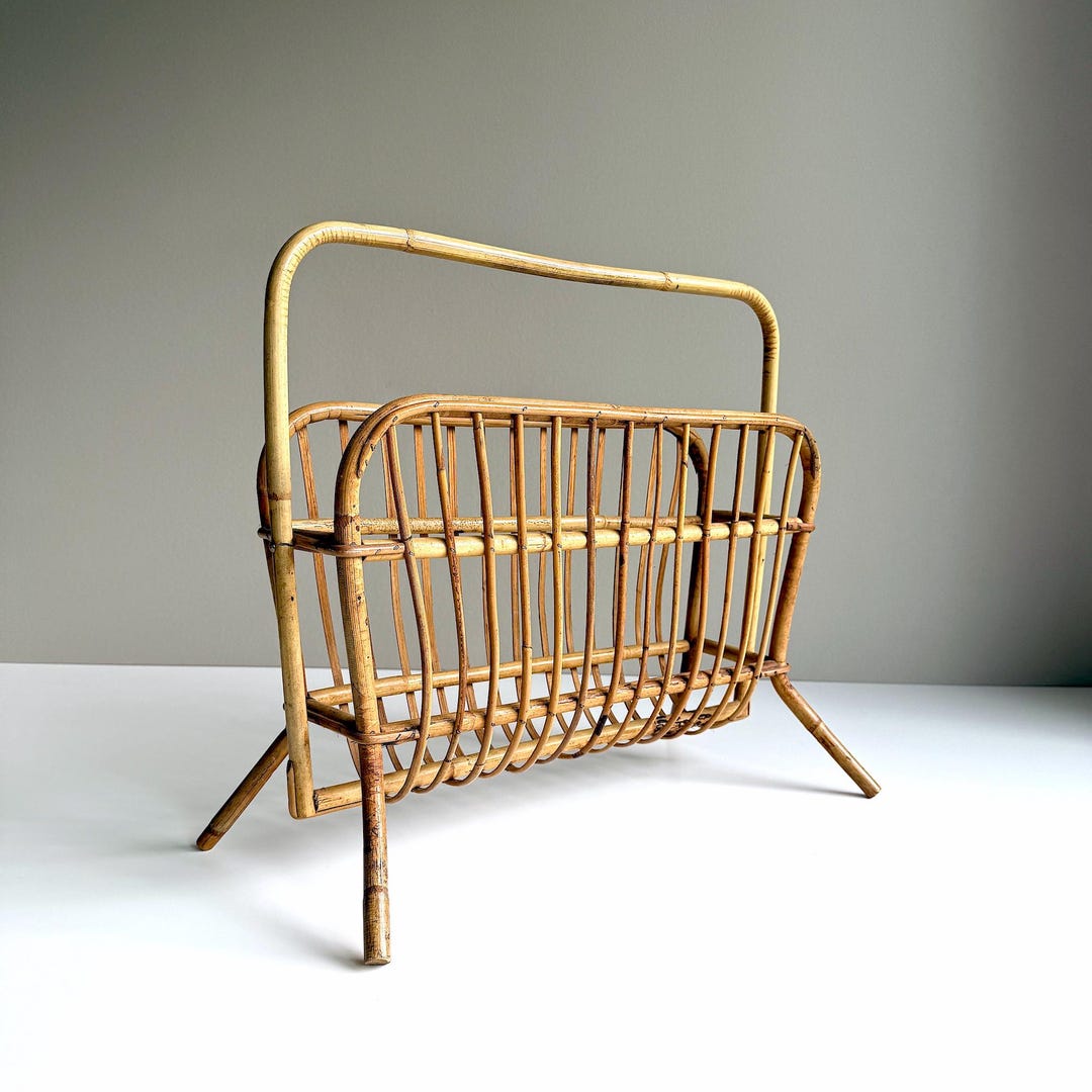 Vintage Newspaper Rack. Bamboo Cane. Magazine Holder. Handmade. 60s ...