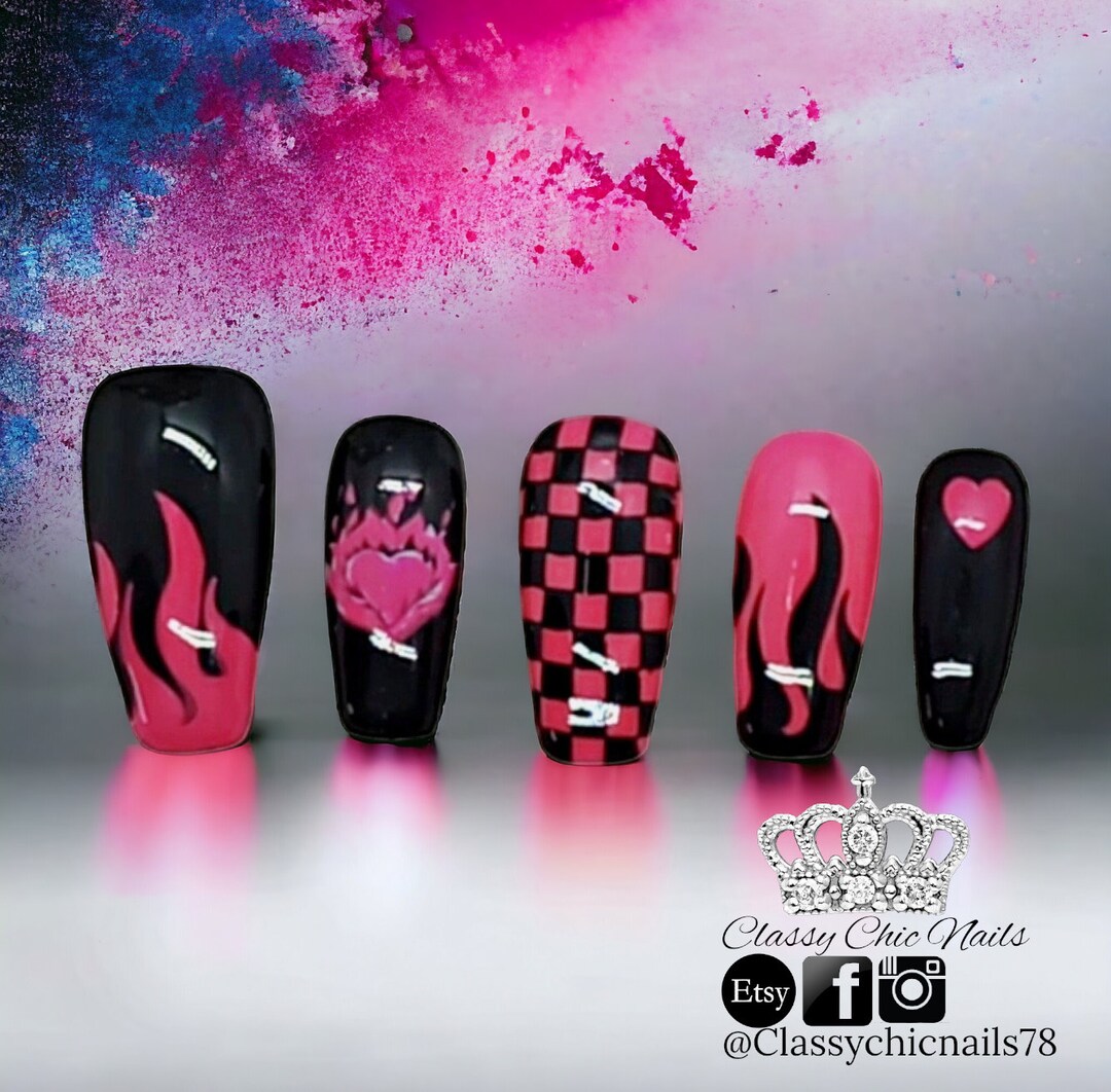 Press on Nails, Glue On, Neon Pink, Checkered, Flaming Heart, Pink ...