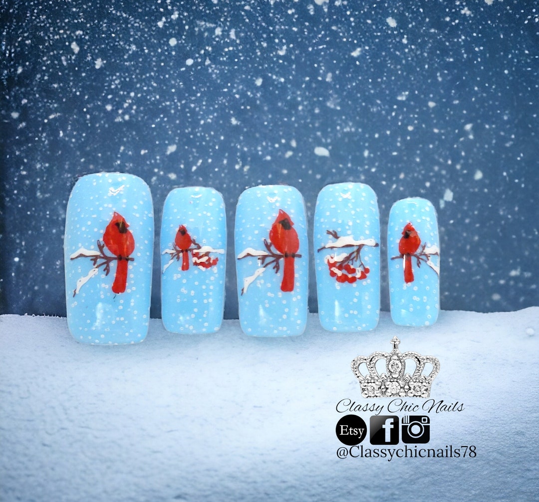 Press on Nails, Glue On, Cardinal, Winter, Snow, Blue and Red ...