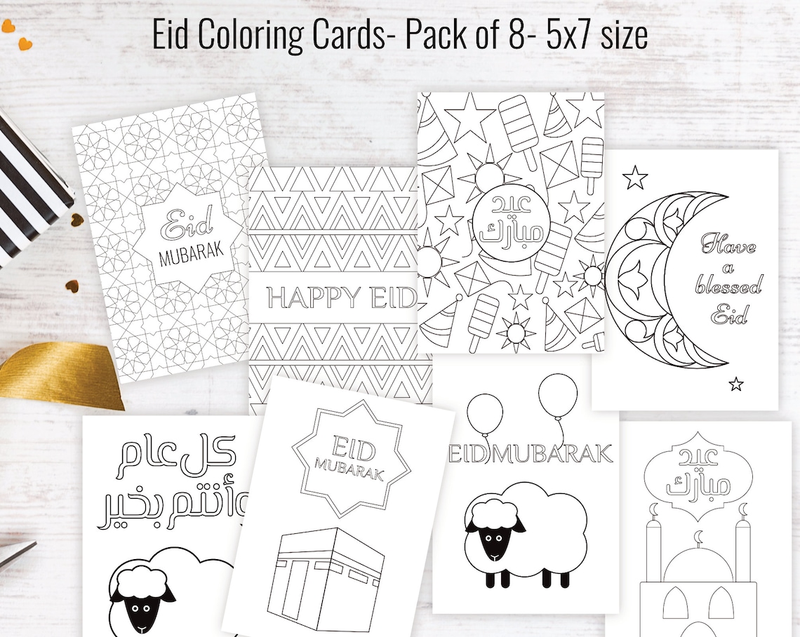Kids Eid Coloring Cards, Printable Eid Activity, Pack of 8, Eid ...