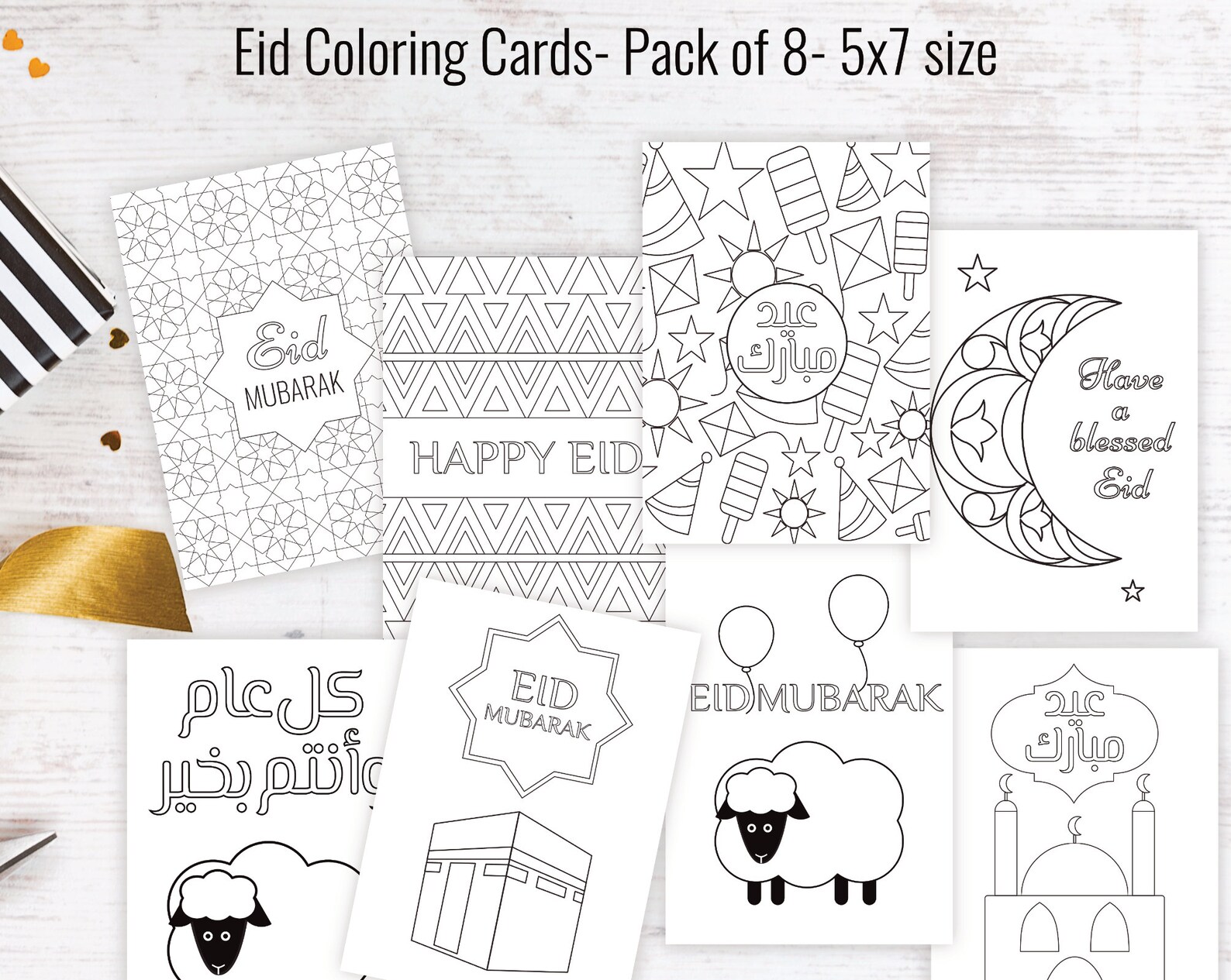 Kids Eid Coloring Cards, Printable Eid Activity, Pack of 8, Eid ...