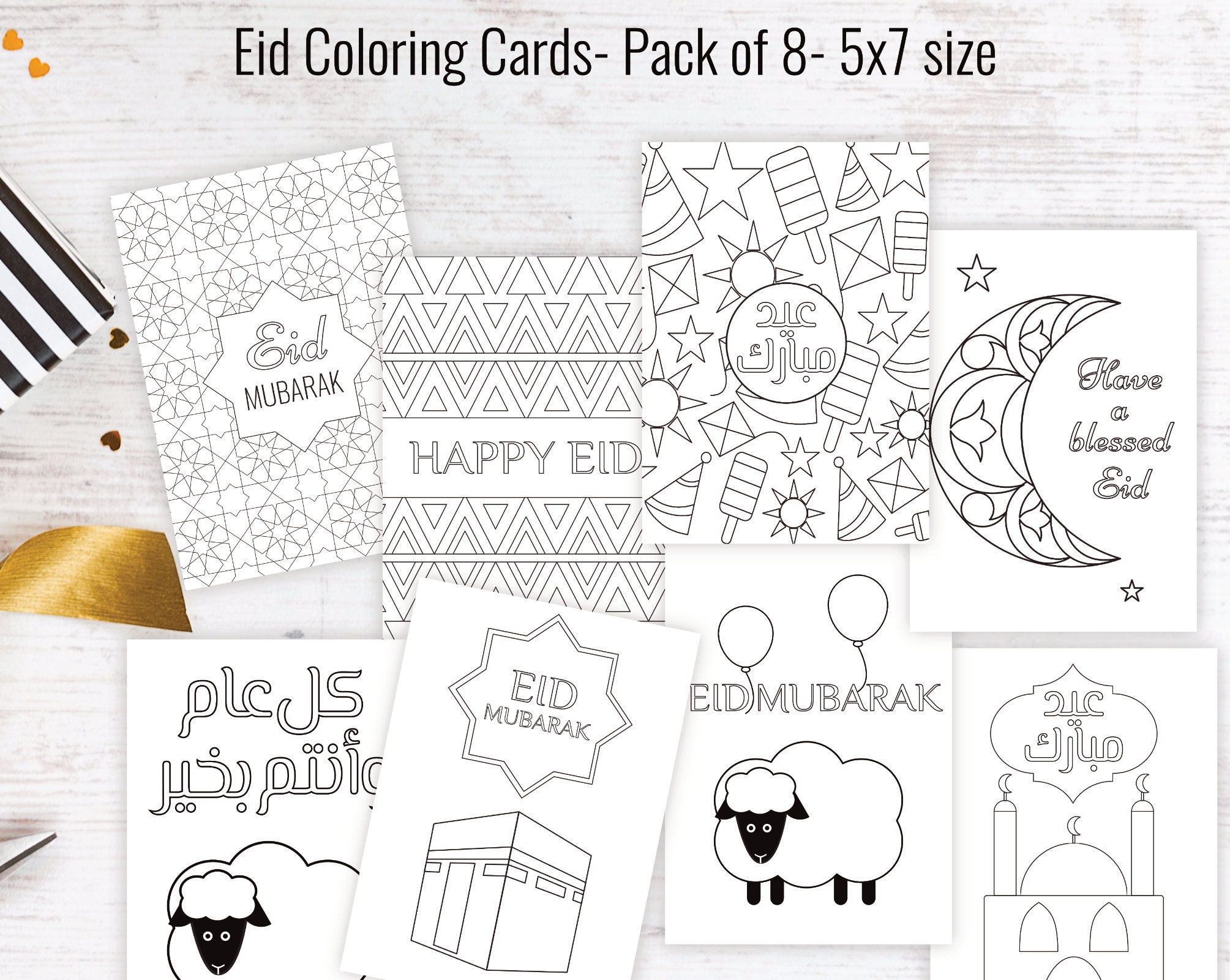 Kids Eid Coloring Cards, Printable Eid Activity, Pack of 8, Eid ...