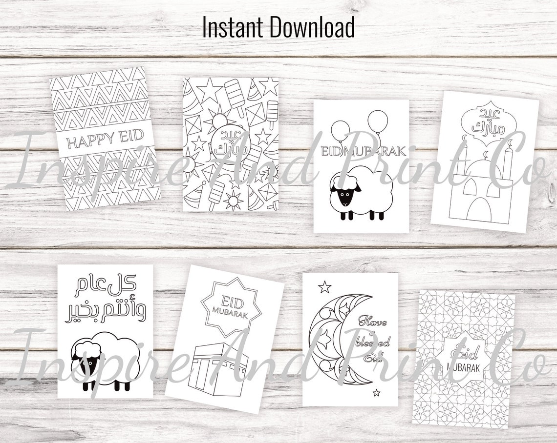 Kids Eid Coloring Cards, Printable Eid Activity, Pack of 8, Eid ...