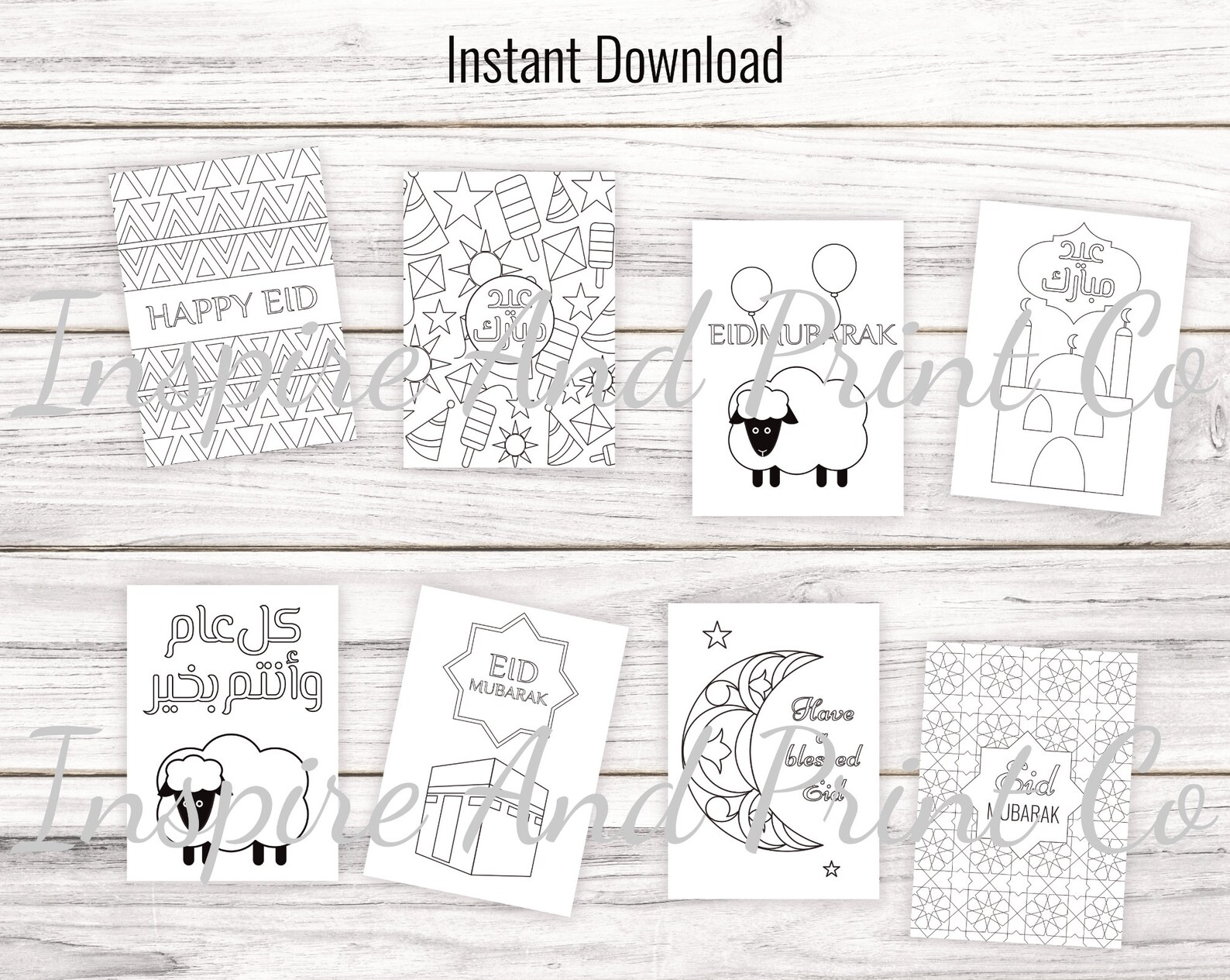 Kids Eid Coloring Cards, Printable Eid Activity, Pack of 8, Eid ...
