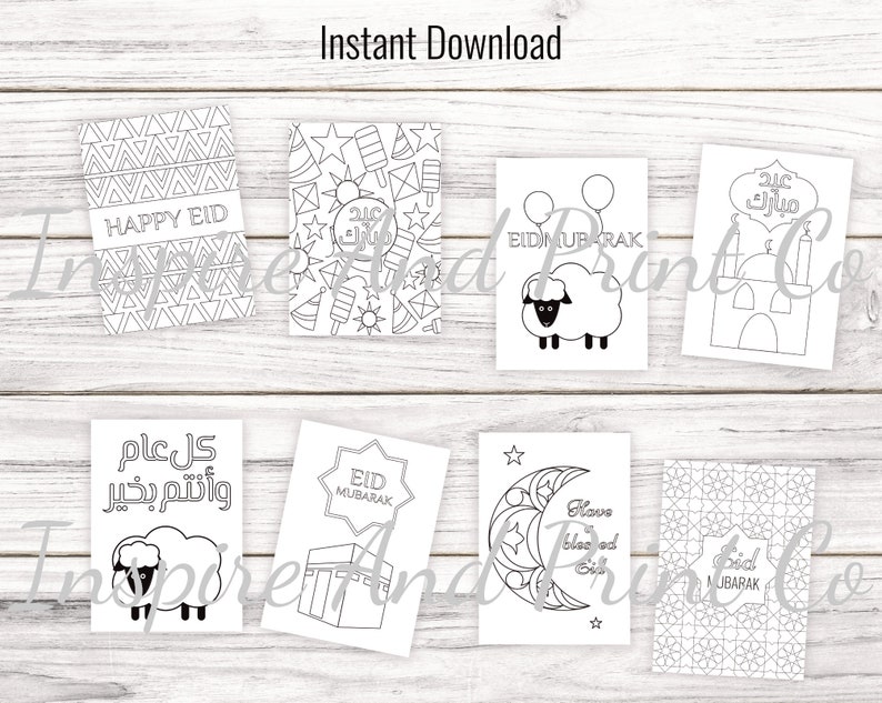 Kids Eid Coloring Cards, Printable Eid Activity, Pack of 8, Eid ...