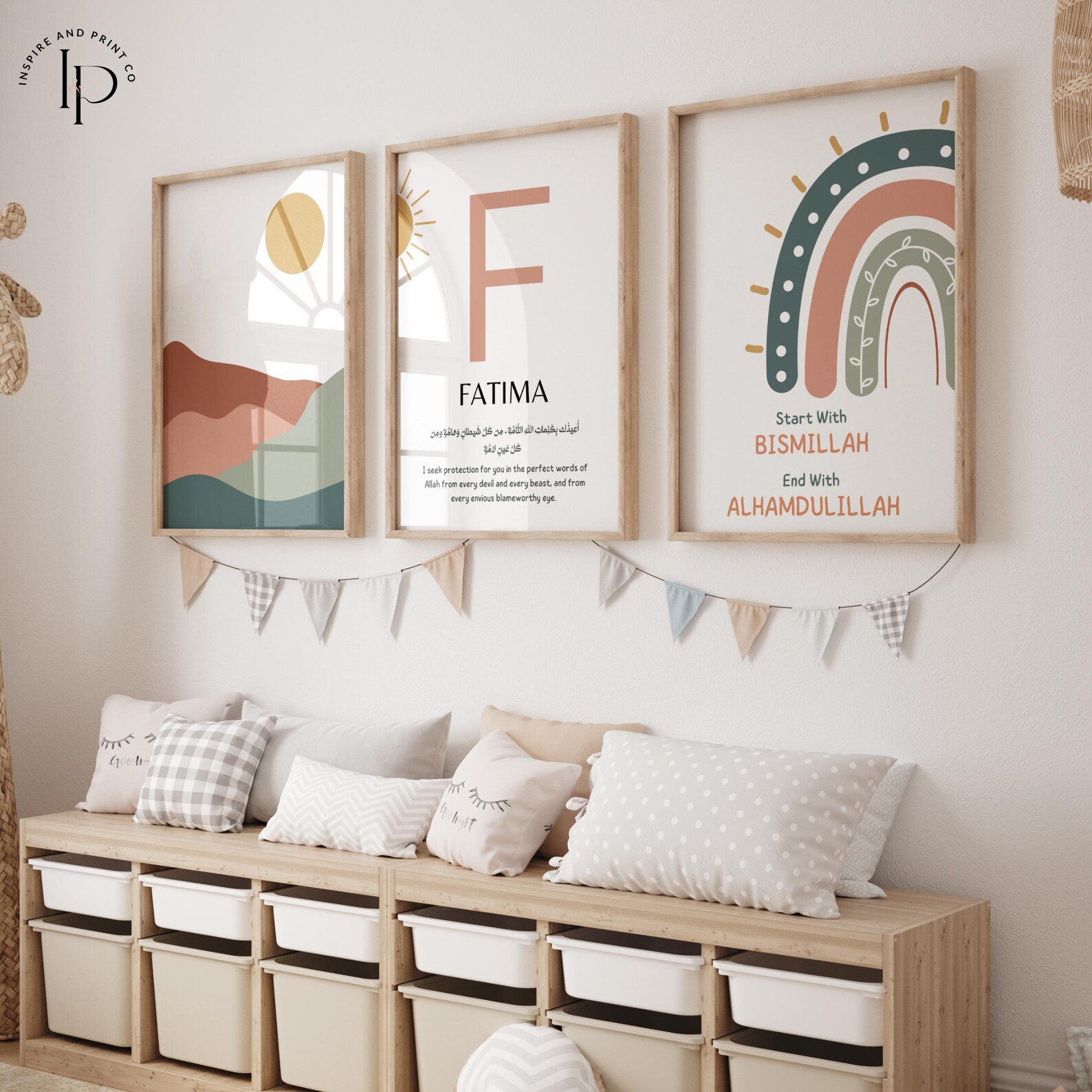 Custom Name Boho Islamic Nursery Wall Art Prints, Bismillah Printable ...