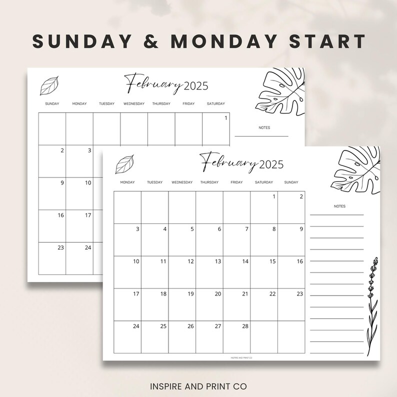 Calendario mensual imprimible 2025, calendario con paisajes florales, planificador de un vistazo ...