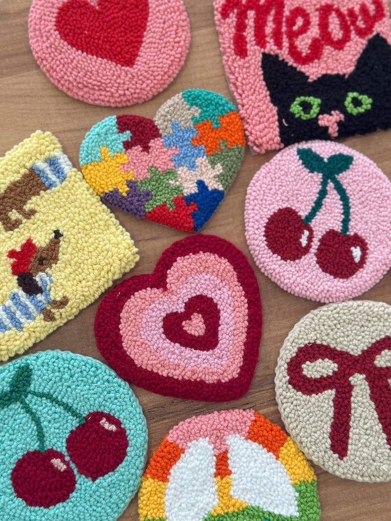 Tufted Desk Coasters Handmade Punch Needle Drink Rugs, Cute Dorm Room ...
