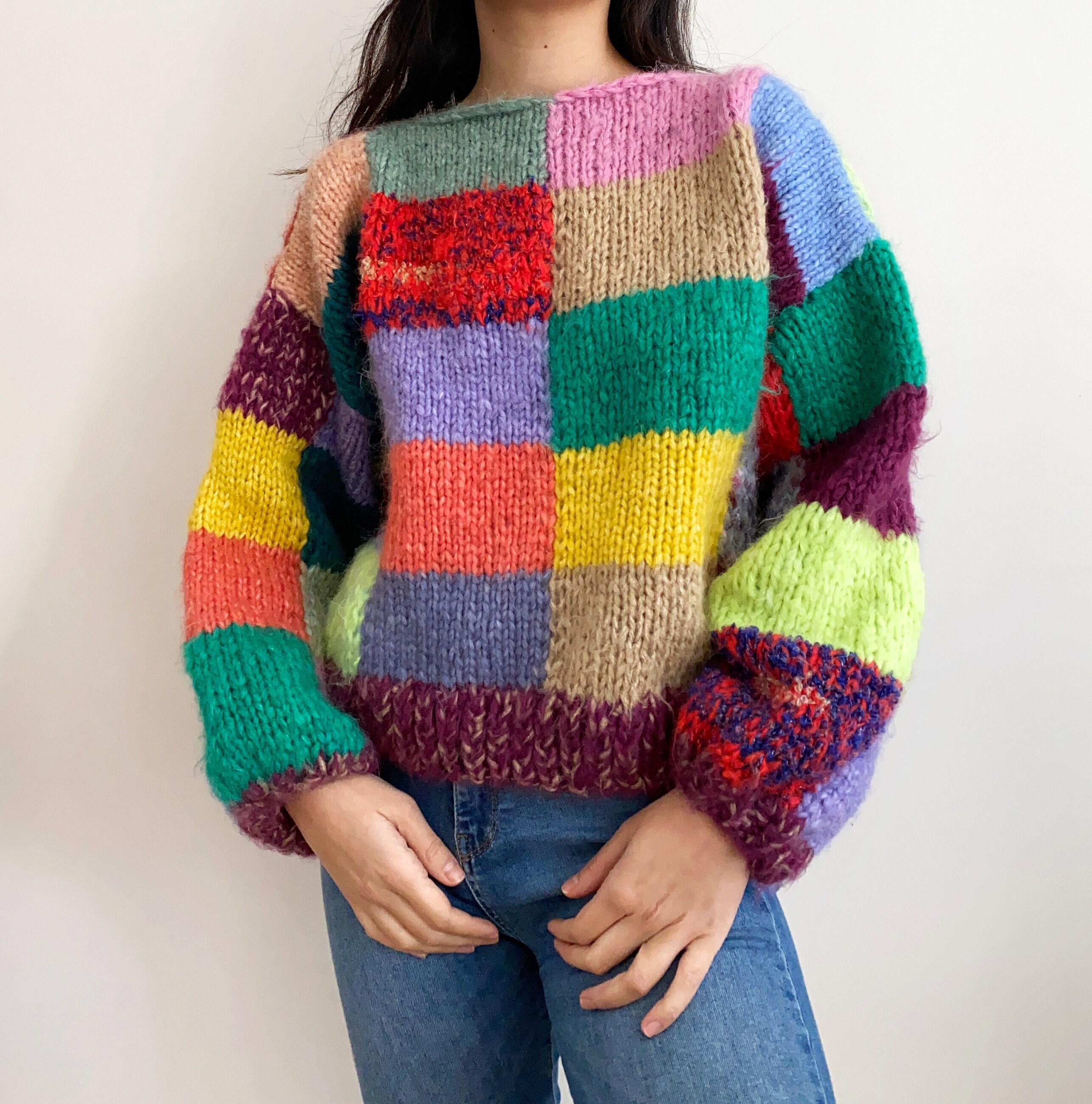 Patchwork Mohair Wool Jumper,hand Knit,colorful Checkered Women Sweater ...