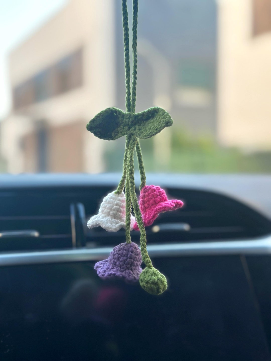 Handmade Crochet Bellflower Car Mirror Charm, Amigurumi Car Accessories ...