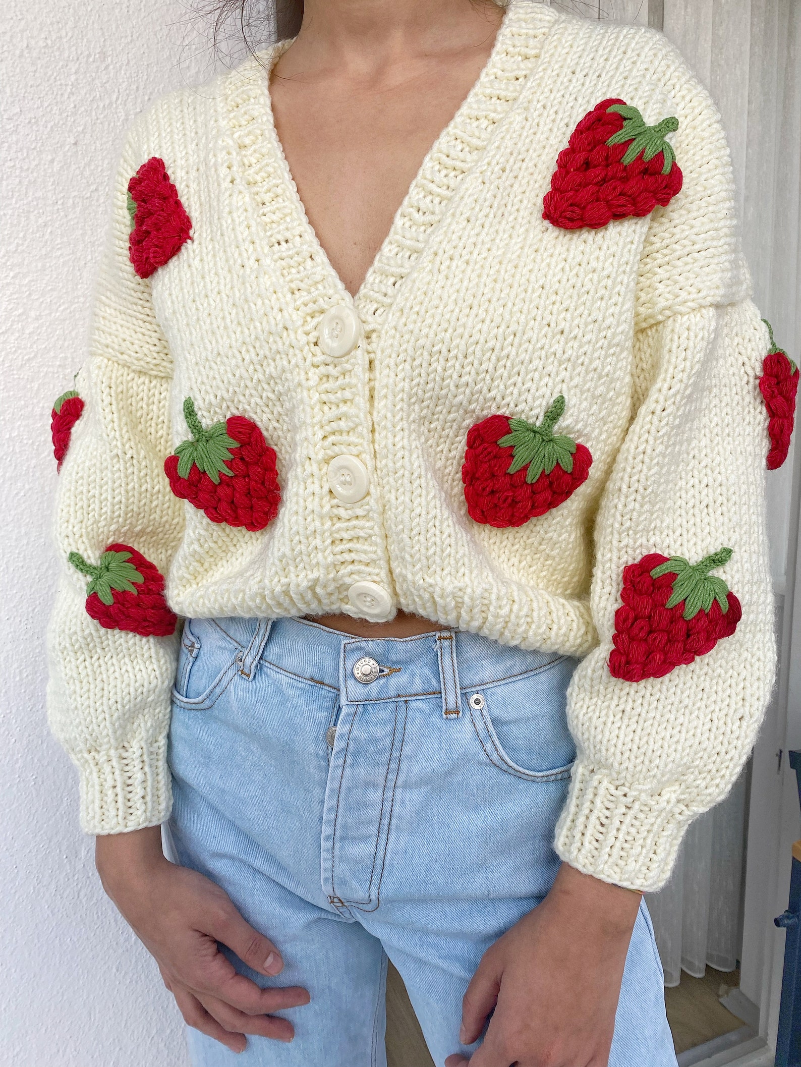 Hand Knit Chunky Strawberry Cardigan,soft Women Sweater,handmade Crop ...