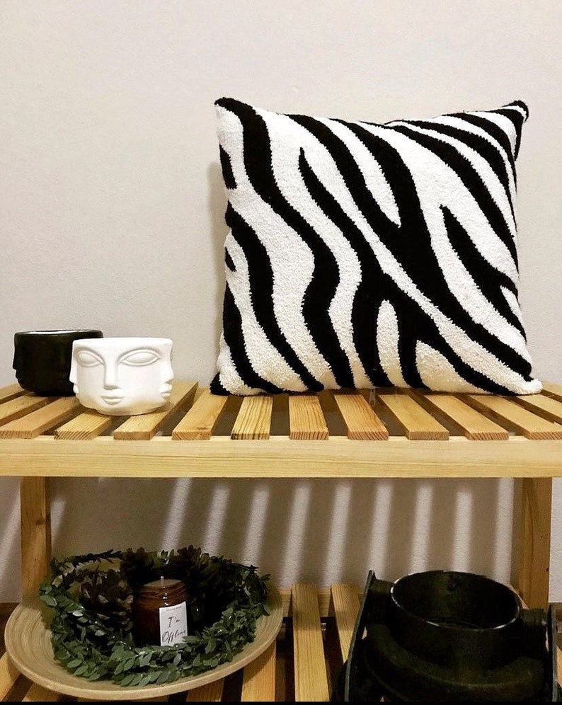 Hand Tufted Zebra Print Punch Needle Pillow Coversblack and | Etsy