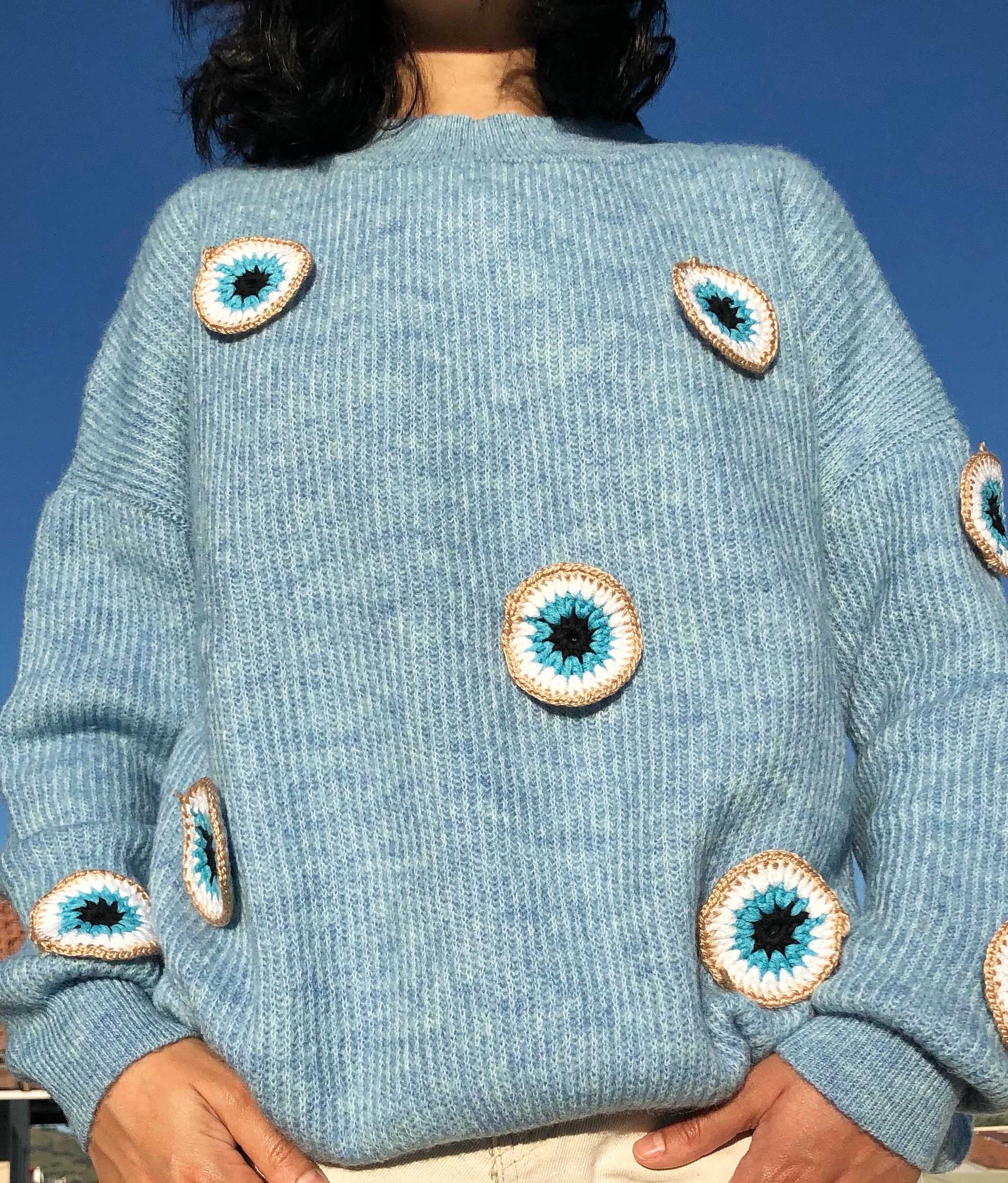 Unique Evil Eye Jumper,crochet Evil Eye Knit Women Sweater, Handmade ...