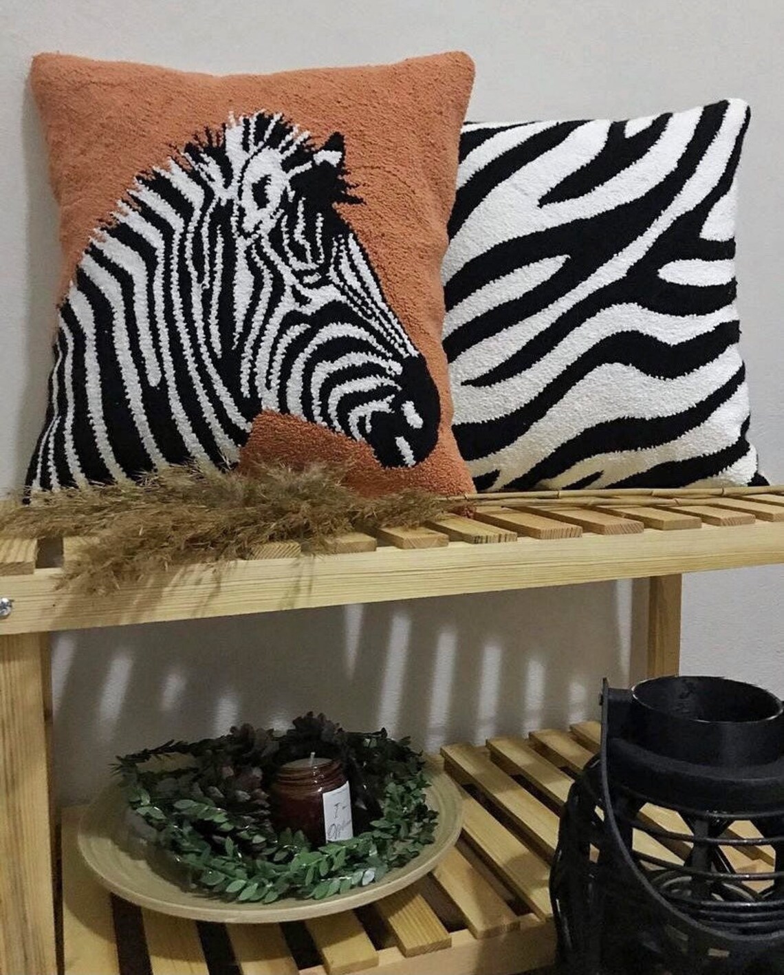 Hand Tufted Zebra Print Punch Needle Pillow Coversblack and | Etsy