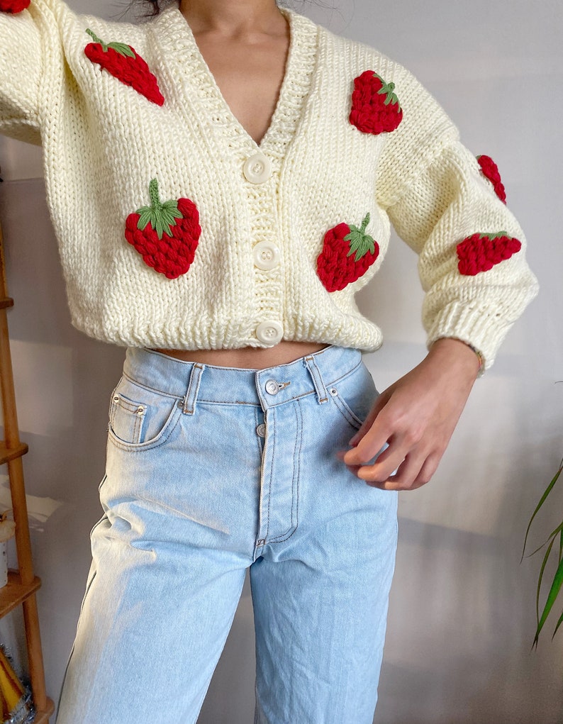 Hand Knit Chunky Strawberry Cardigan,soft Women Sweater,handmade Crop ...