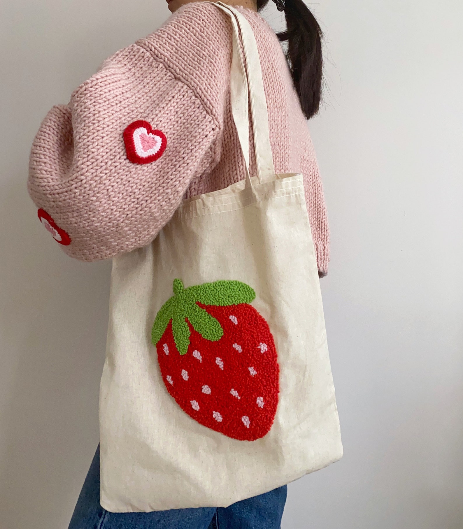 Hand Tufted Punch Needle Tote Bag,strawbery Embroidered Market Bag ...