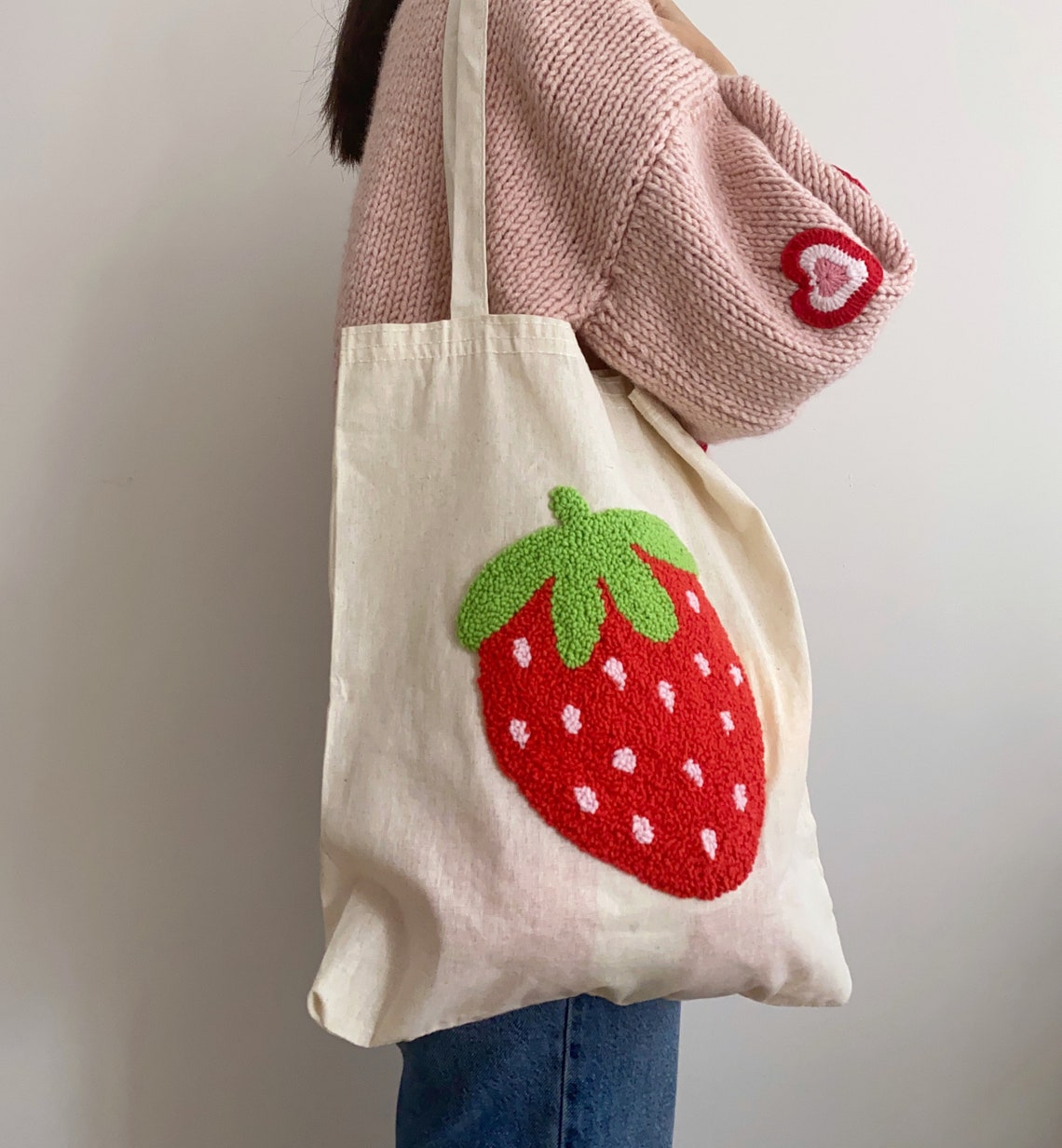 Hand Tufted Punch Needle Tote Bag,strawbery Embroidered Market Bag ...