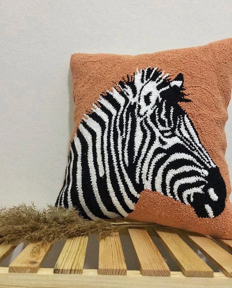 Hand Tufted Zebra Print Punch Needle Pillow Coversblack and | Etsy