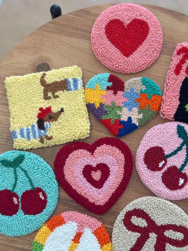 Tufted Desk Coasters Handmade Punch Needle Drink Rugs, Cute Dorm Room ...