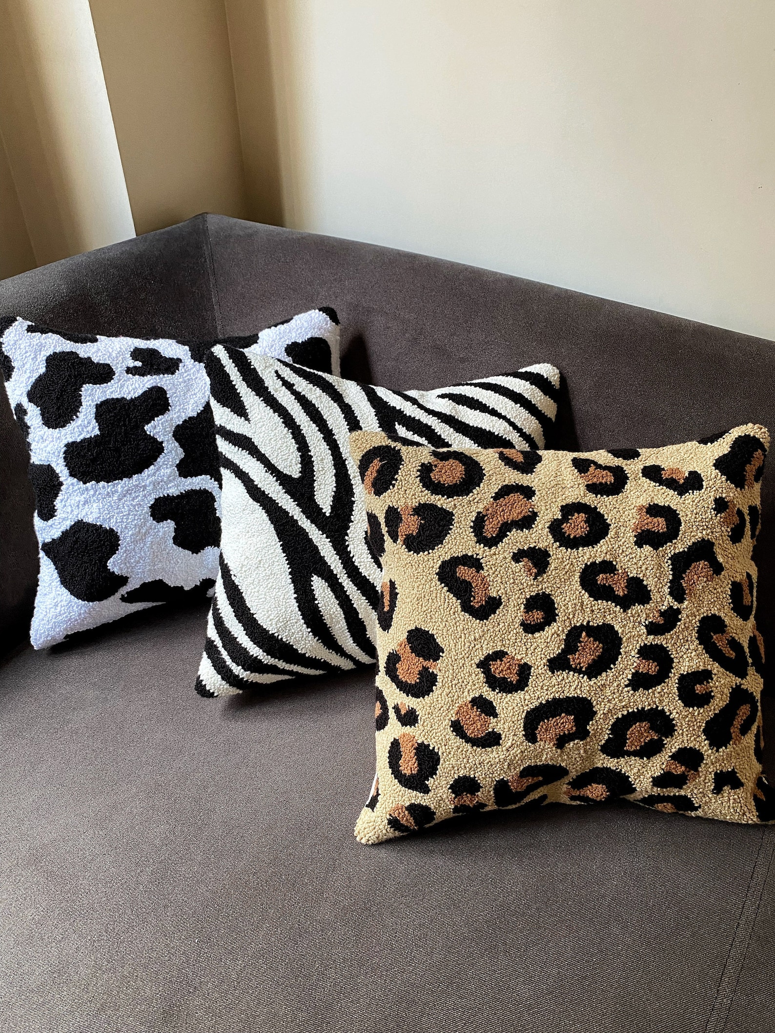 Hand Tufted Zebra Print Punch Needle Pillow Coversblack and - Etsy