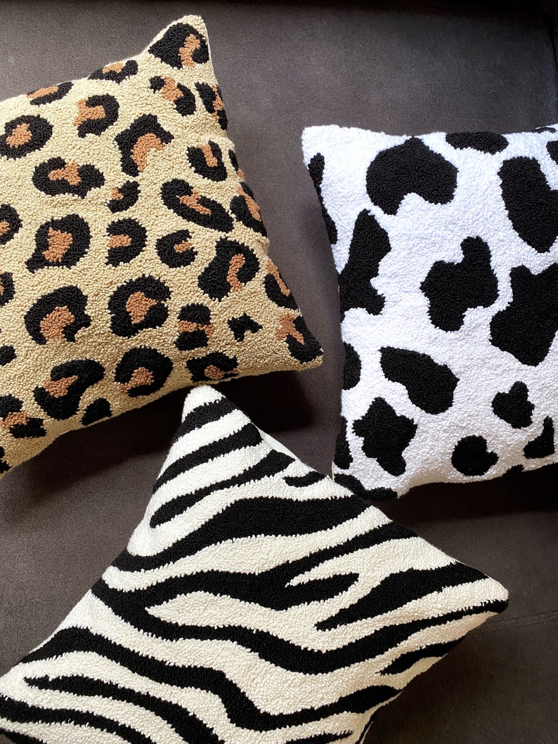 Hand Tufted Zebra Print Punch Needle Pillow Coversblack and - Etsy
