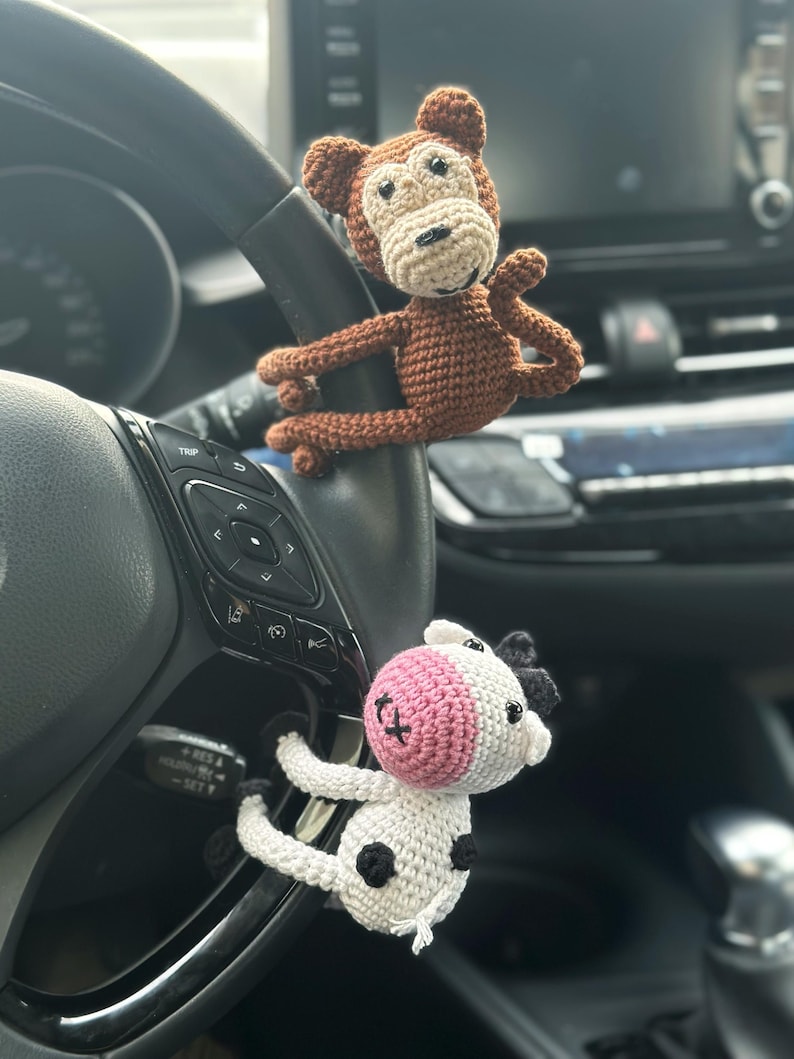 Cute Amigurumi Monkey Steering Wheel Accessory, Crochet Cow Gear Shift ...