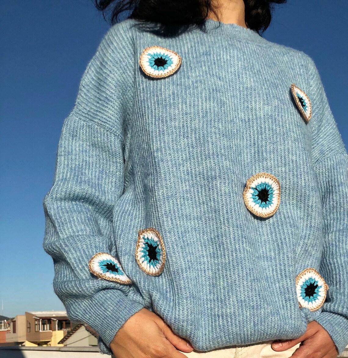 Unique Evil Eye Jumper,crochet Evil Eye Knit Women Sweater, Handmade ...
