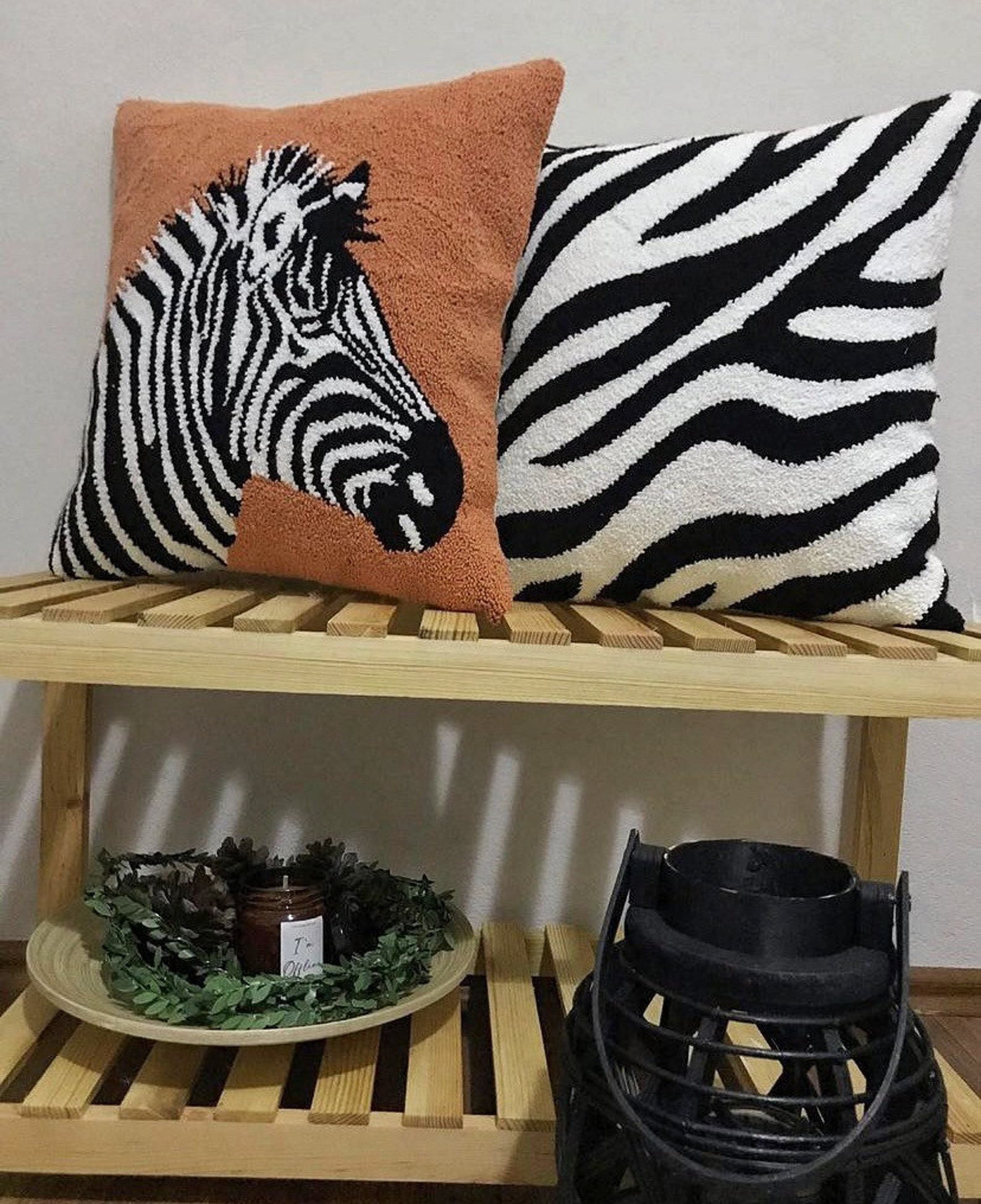 Hand Tufted Zebra Print Punch Needle Pillow Coversblack and | Etsy