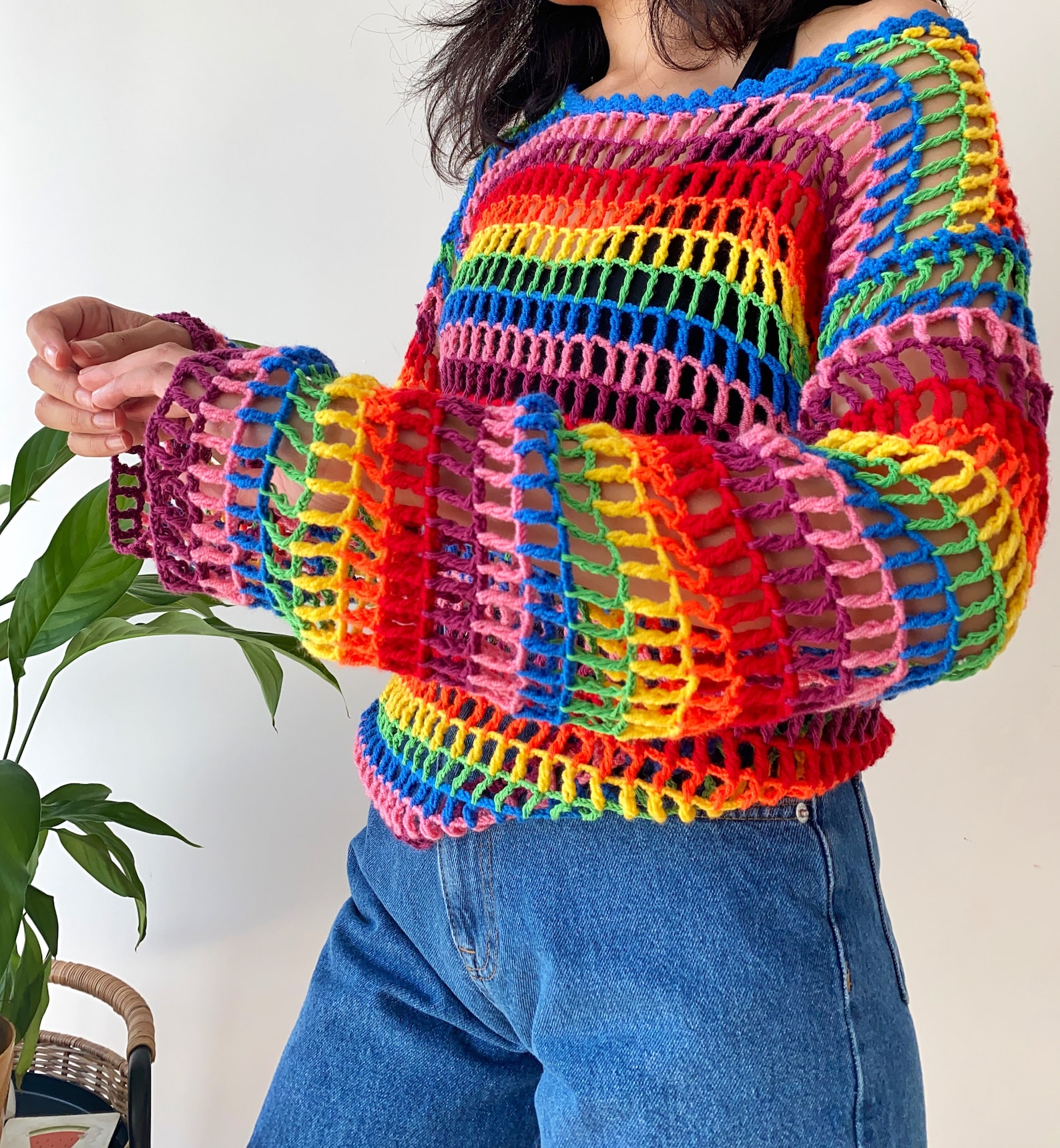 Handmade Crochet Rainbow Net Blouse,mesh Cotton Top,bohemian Long ...