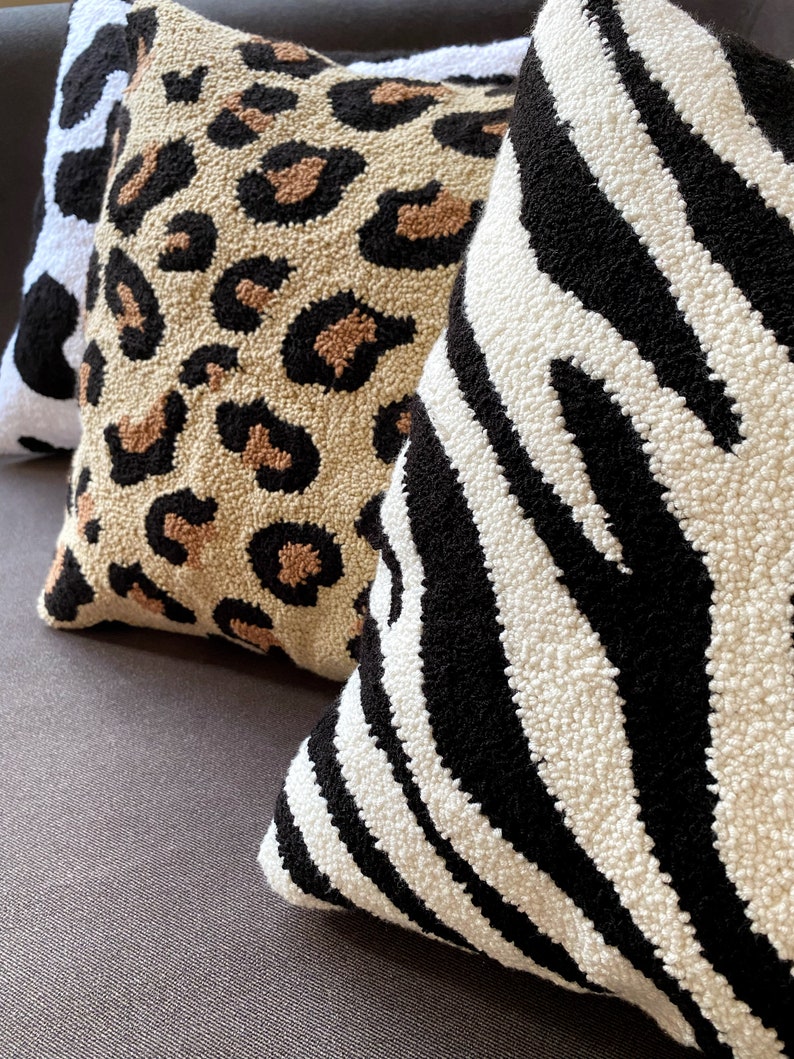 Hand Tufted Zebra Print Punch Needle Pillow Coversblack and - Etsy