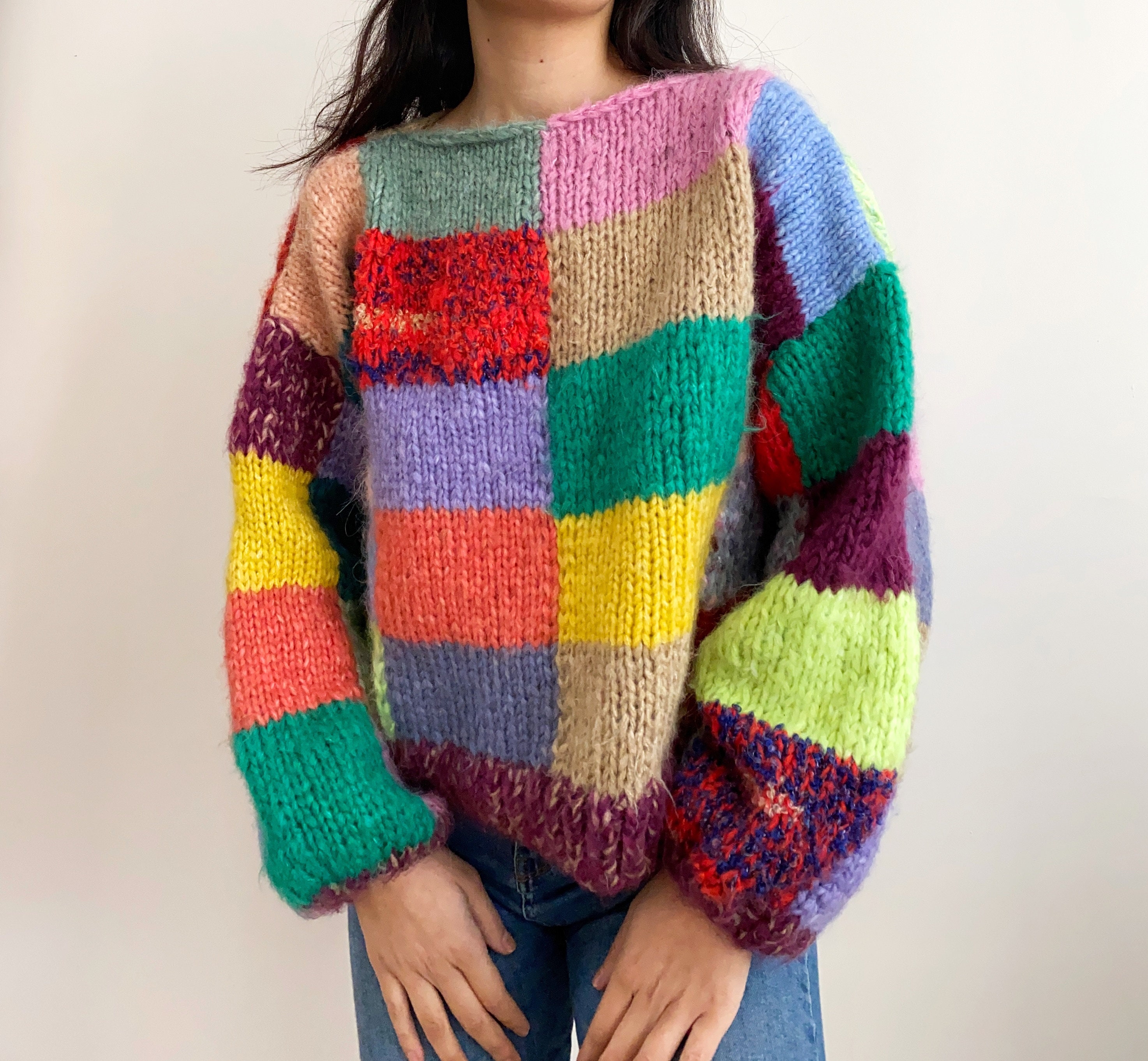 Patchwork Mohair Wool Jumper,hand Knit,colorful Checkered Women Sweater ...