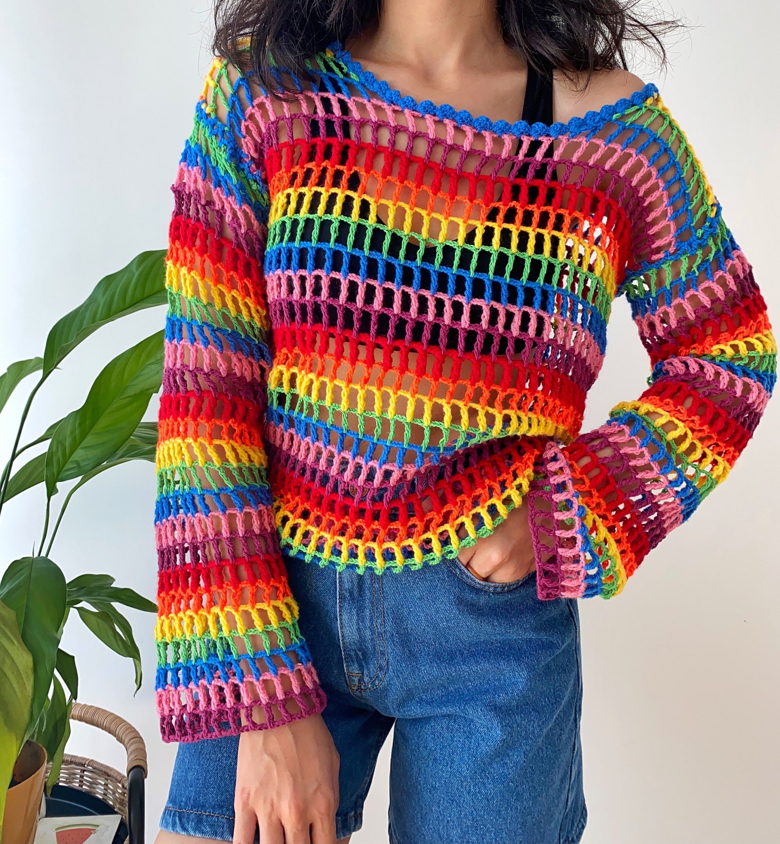 Handmade Crochet Rainbow Net Blouse,mesh Cotton Top,bohemian Long ...