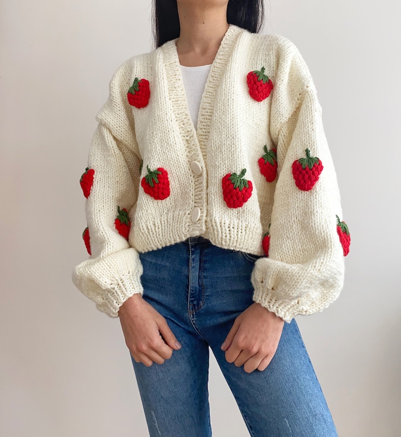 Hand Knit Chunky Strawberry Cardigan,soft Women Sweater,handmade Crop ...
