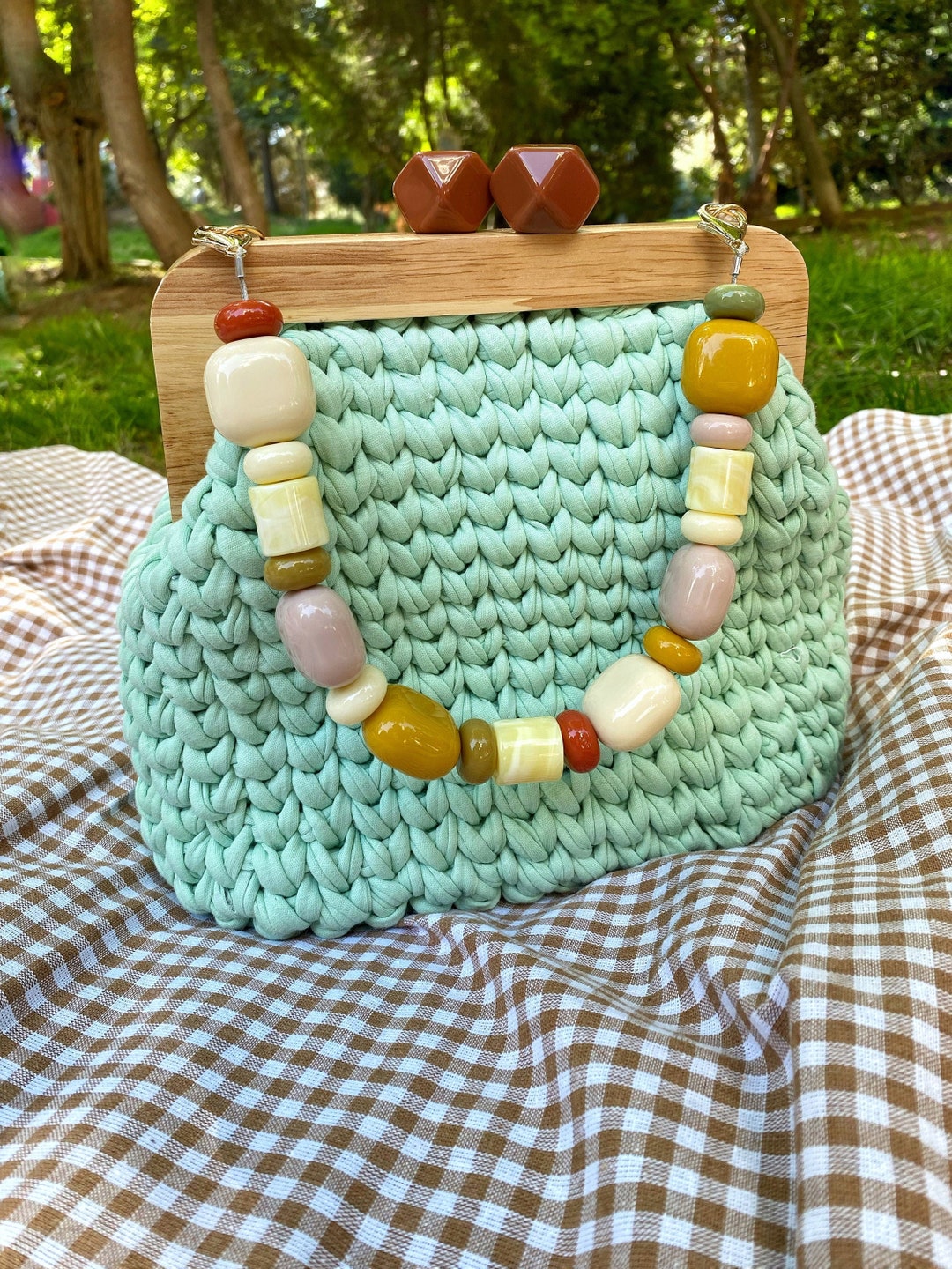 Handmade Wood Frame Clutch Bag ,unique Hand Knit Purse Design, Shoulder ...