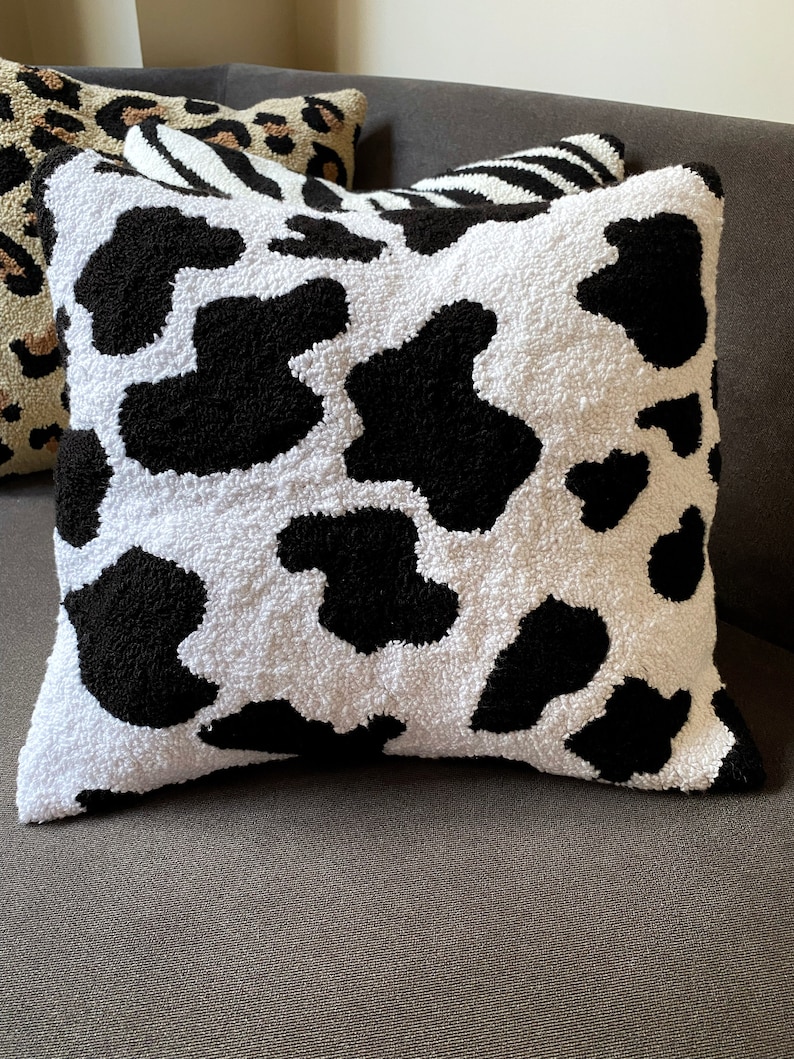 Hand Tufted Zebra Print Punch Needle Pillow Coversblack and | Etsy