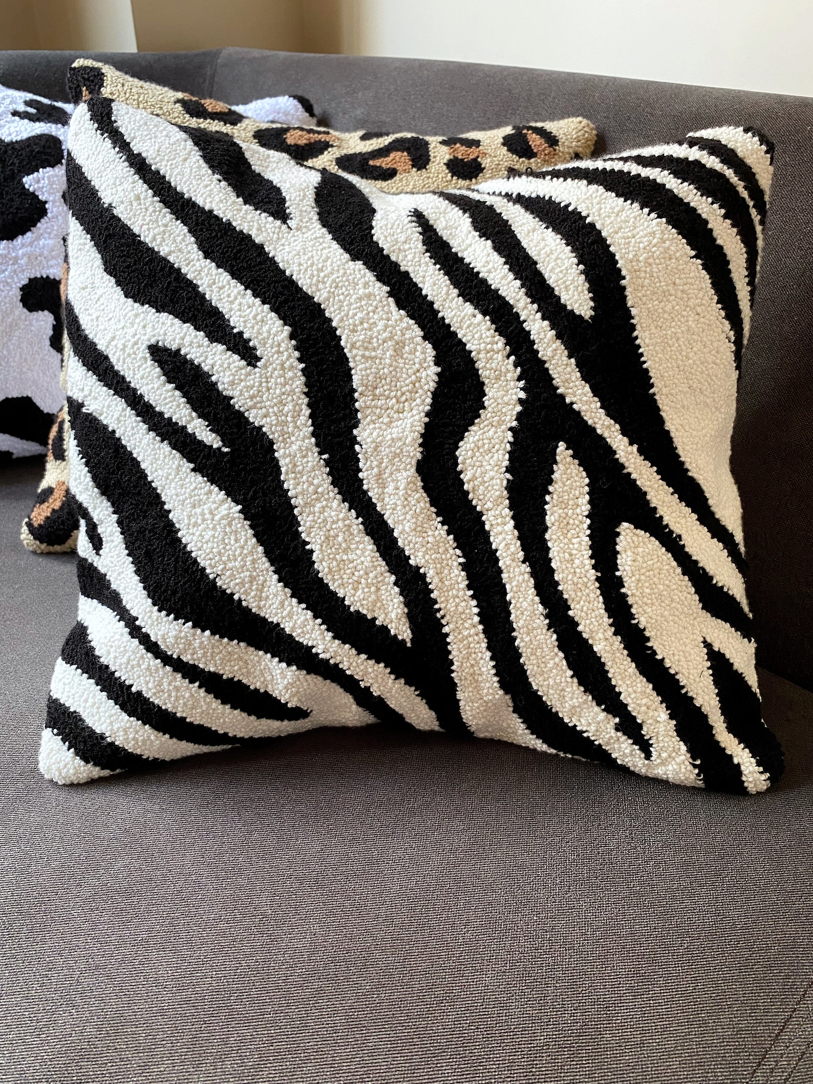 Hand Tufted Zebra Print Punch Needle Pillow Coversblack and | Etsy