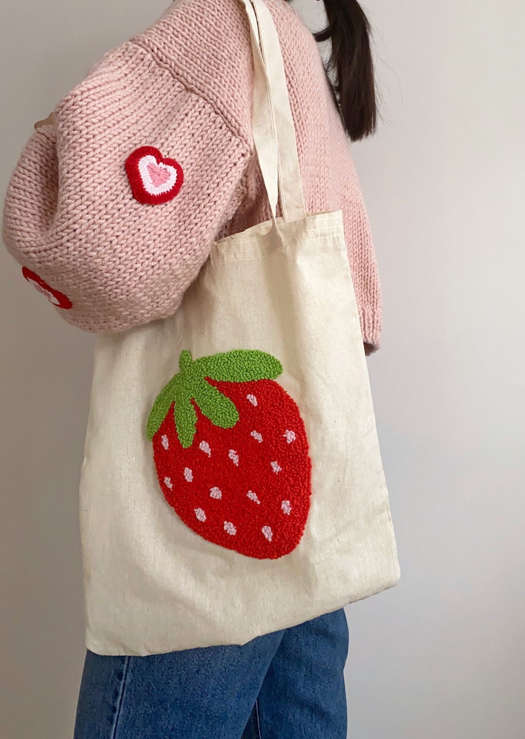 Hand Tufted Punch Needle Tote Bag,strawbery Embroidered Market Bag ...