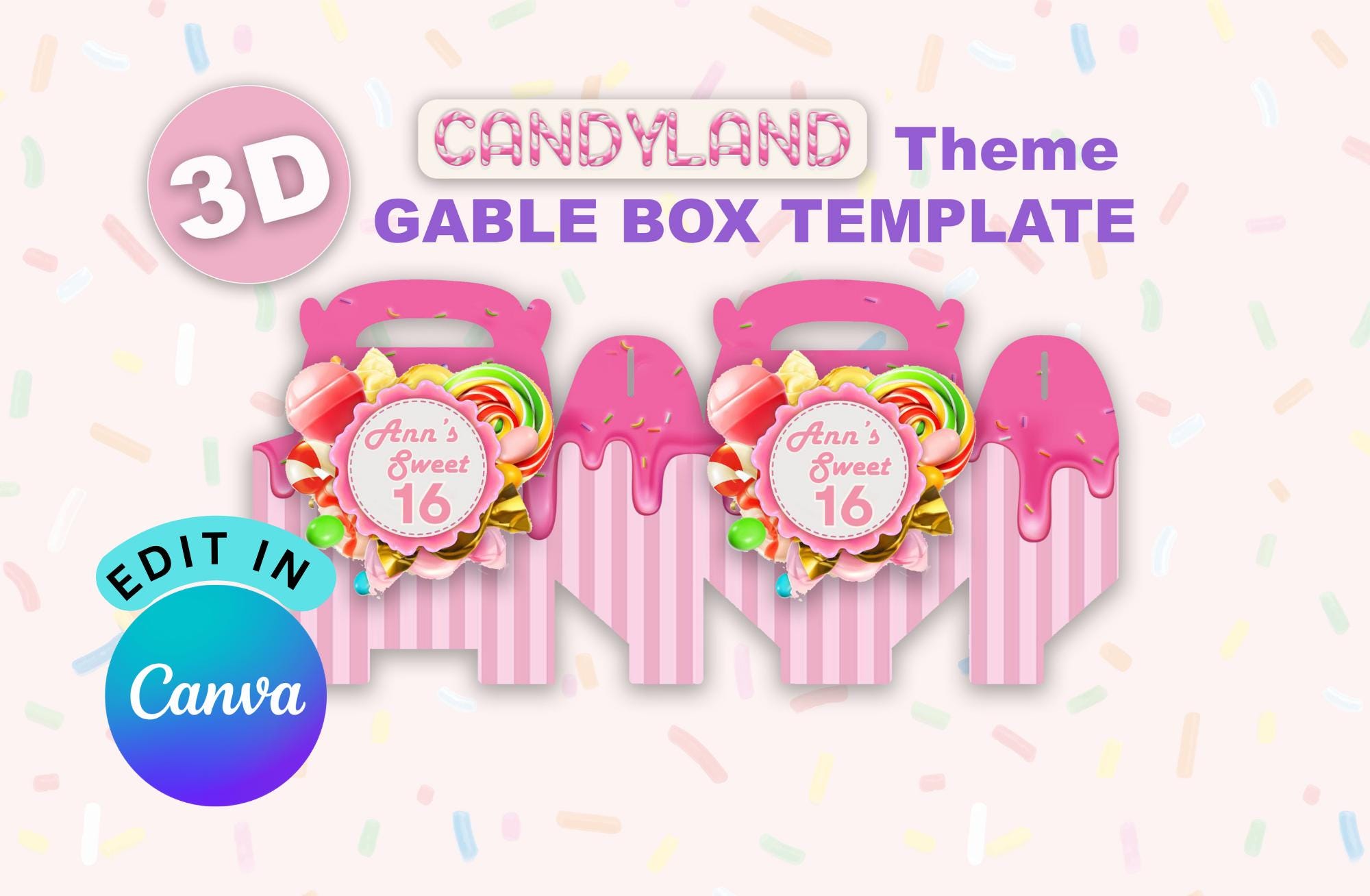 3D Candyland Theme Gable Box Template, Party Favor Box - Etsy