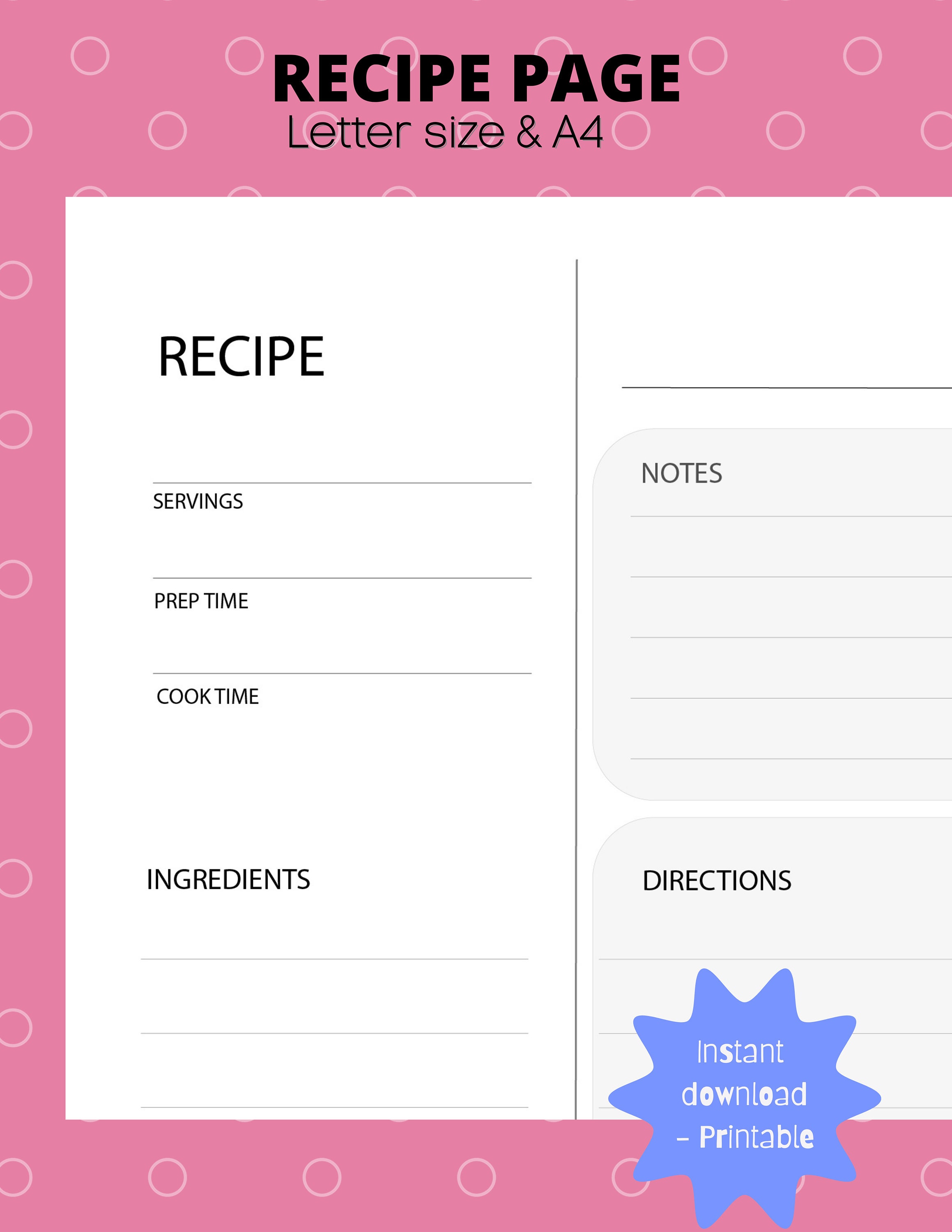 Recipe model page Minimal Design Instant Download A4 | Etsy