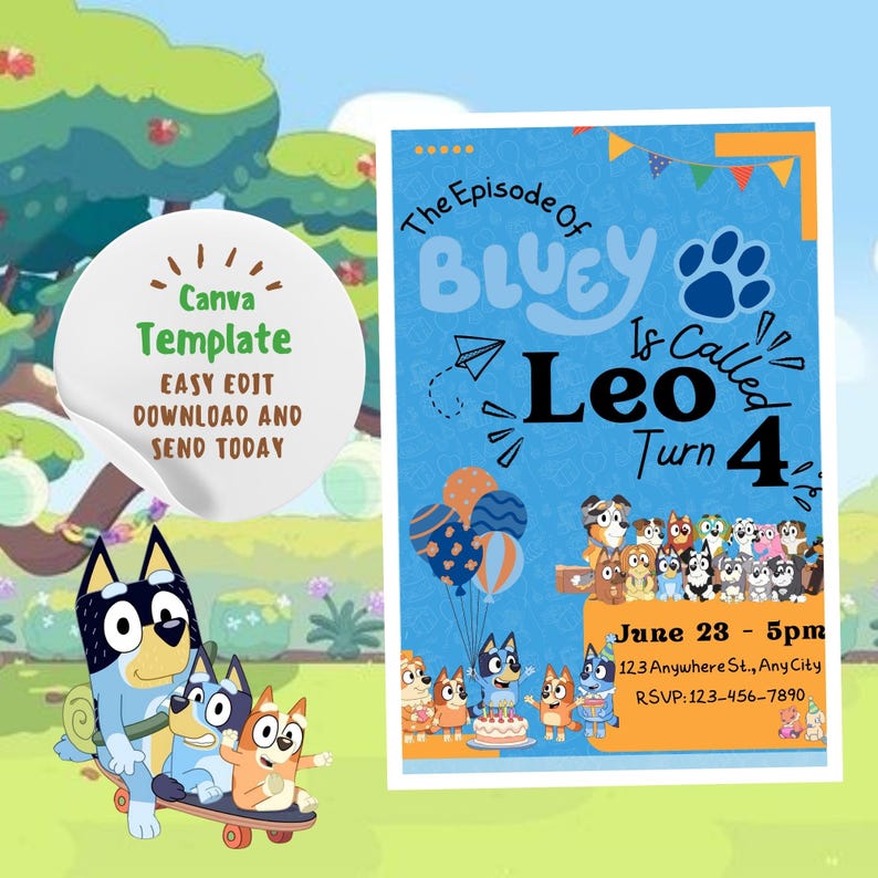 Bluey Birthday Invitation Canva Template | Editable Kids Party Invite ...