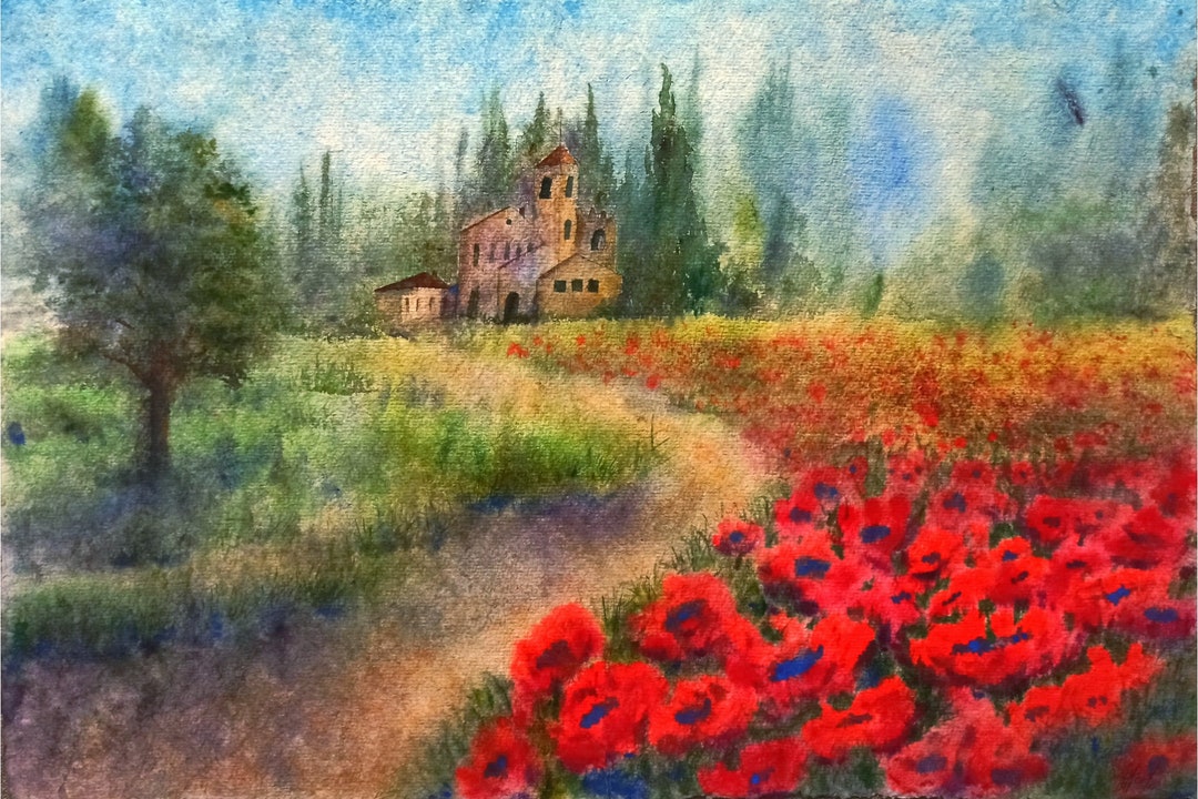 Tuscany Painting Original Handmade Watercolor Italy Landscape With ...