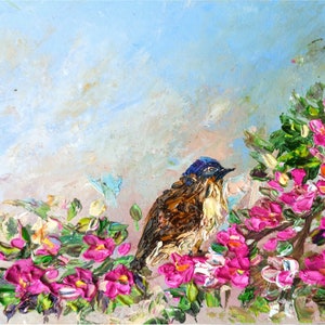Colorful Bird Painting Original Blooming Apple Tree and - Etsy