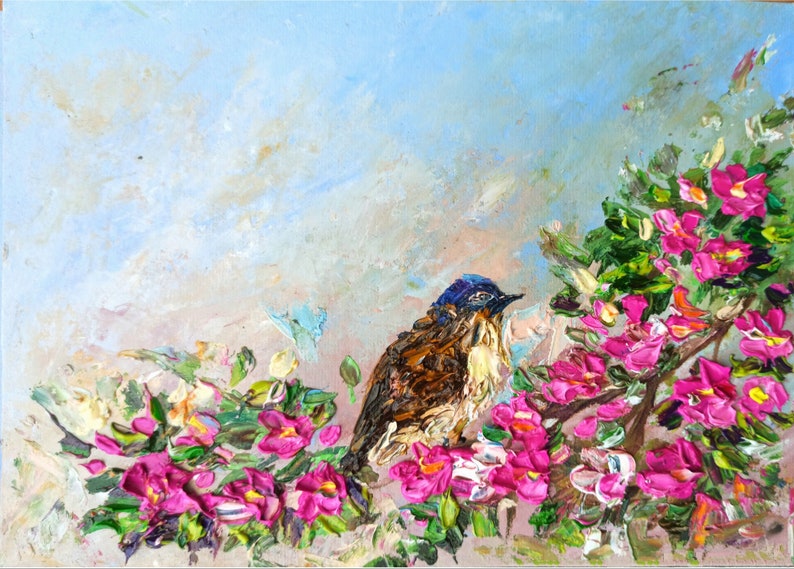 Colorful Bird Painting Original Blooming Apple Tree and - Etsy