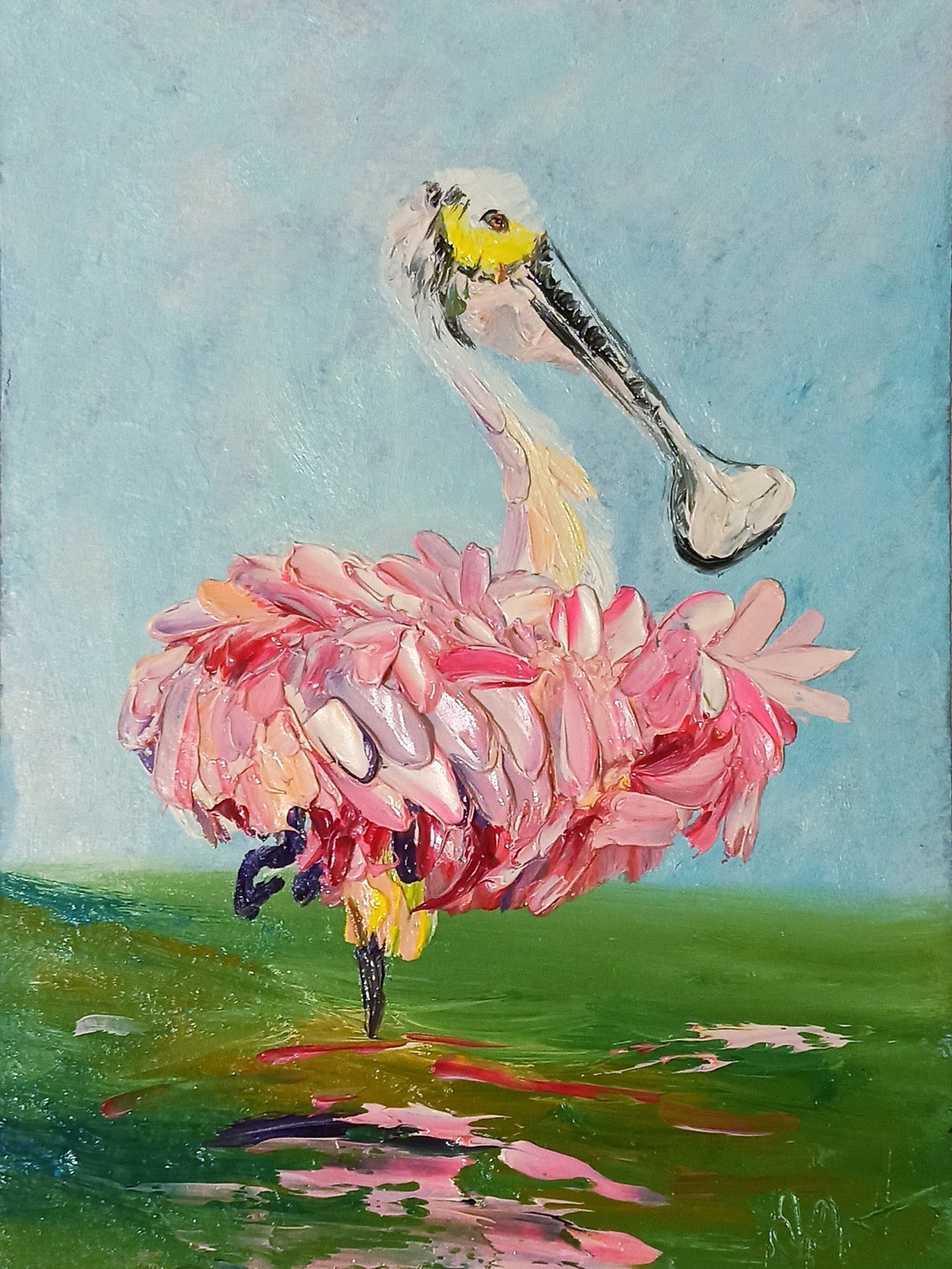 Roseate Spoonbill Bird Painting Original Small Colorful Artwork for ...