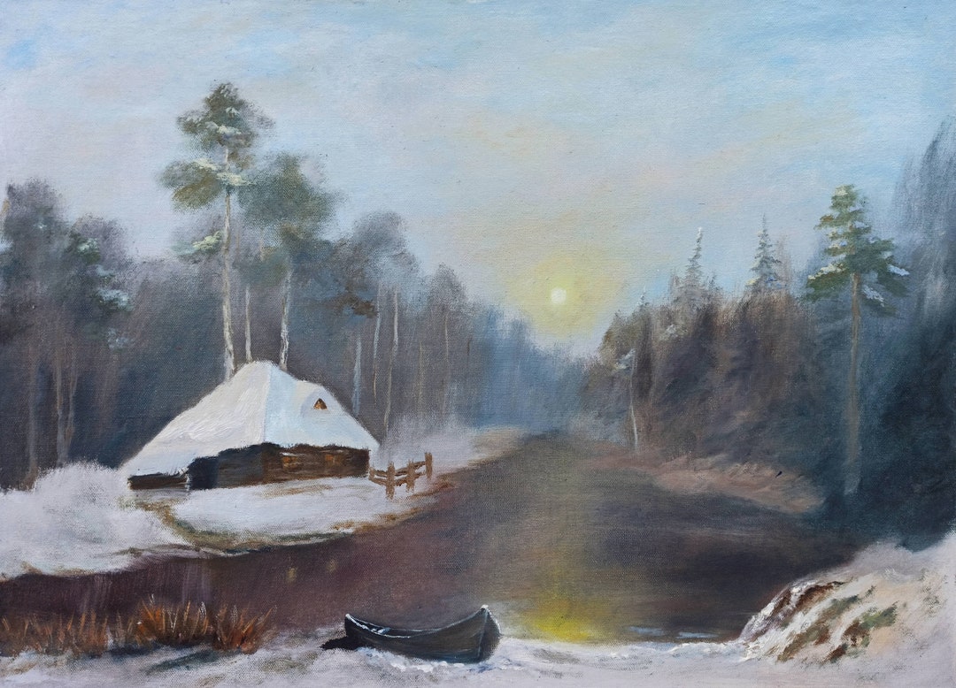 Landscape Painting With Snow Boat and Pine Trees Originat Canvas ...