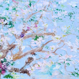 Colorful Bird Painting Original Blooming Apple Tree and Chickadee Small ...